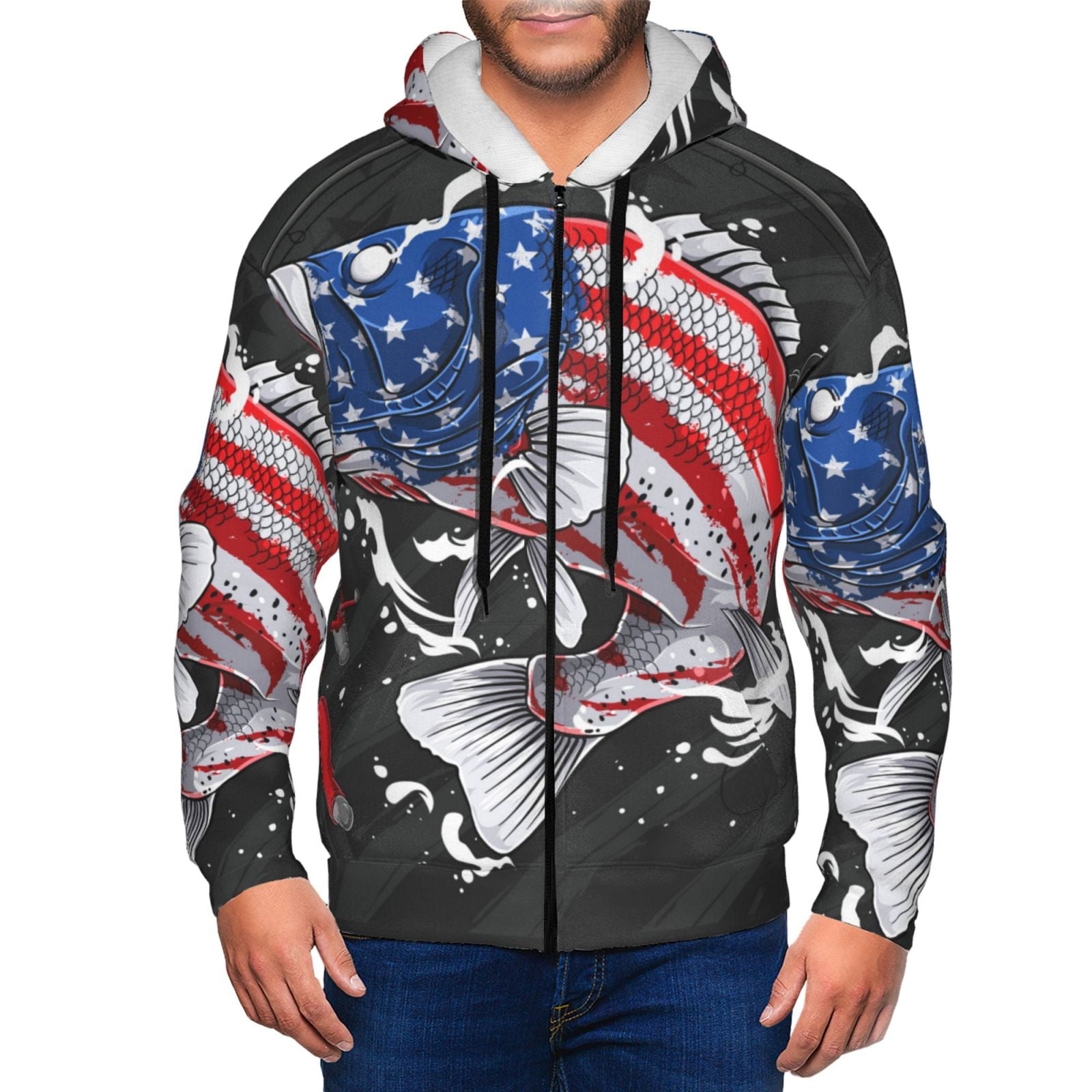 Kdxio Largemouth Bass Fish in USA Print Men Hoodies Casual Hoodies for Men with Zip Pockets Full ...