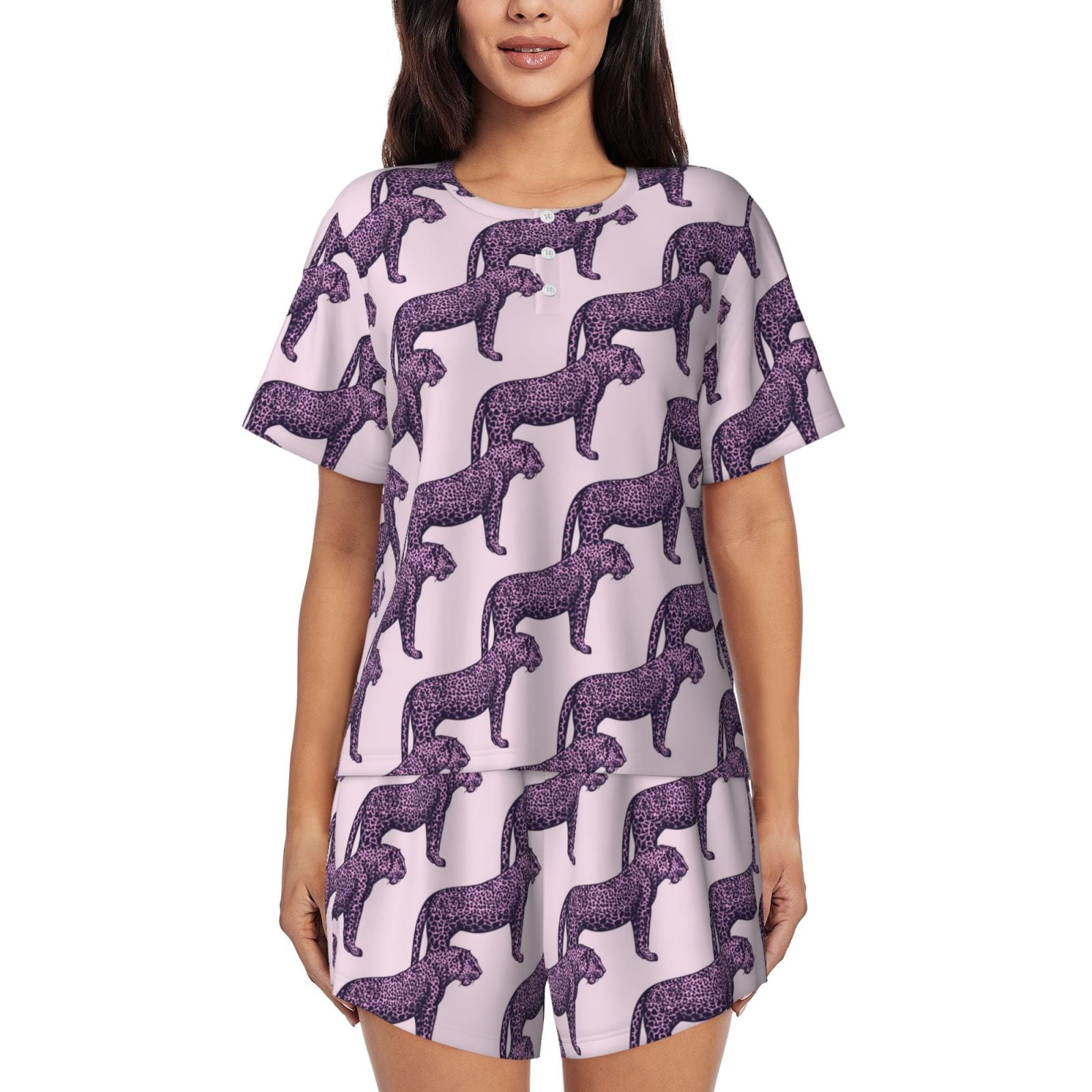 Kdxio Leopard Print Print Pajamas Sets for Women Short-Sleeved Pjs with ...