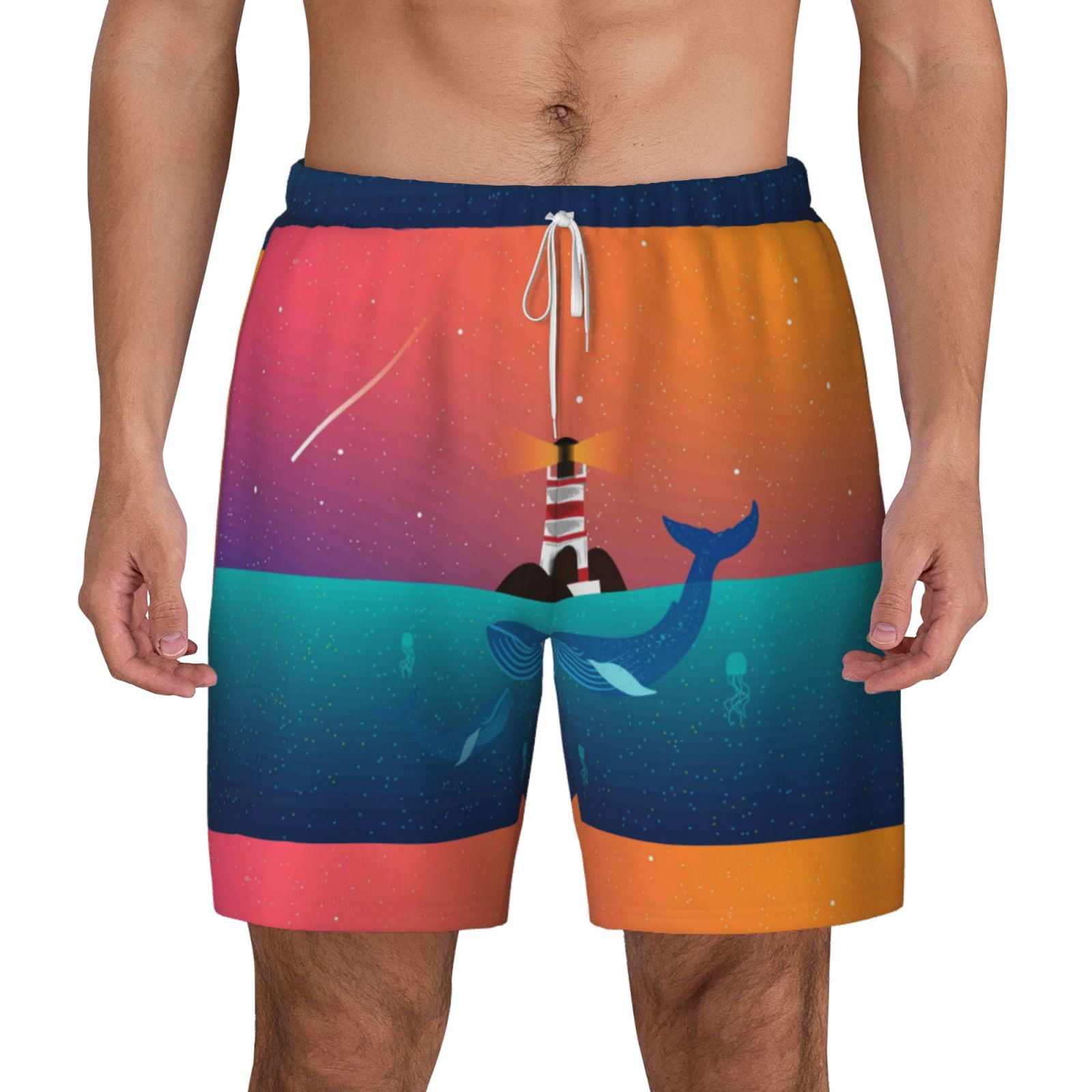 Kdxio Lighthouse And Whale Print Men'S Swim Trunks With Compression ...