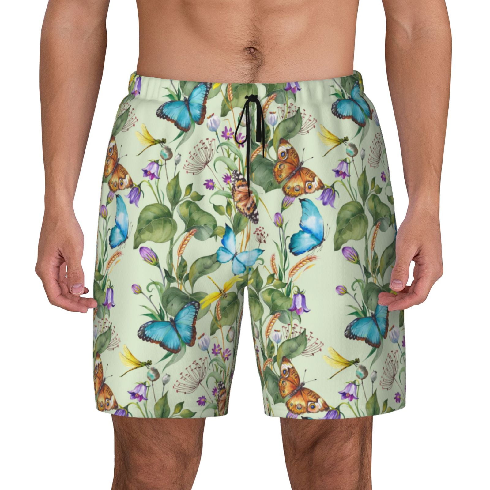 Kdxio Meadow Plants And Butterflies Print Men's Swim Trunks with ...