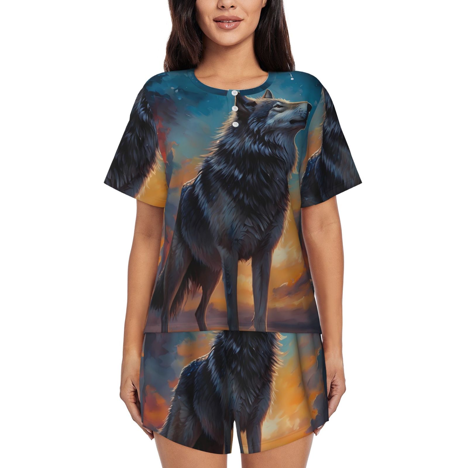 Kdxio Moonlit Night Sky Wolf Print Pajamas Sets for Women Short-Sleeved ...