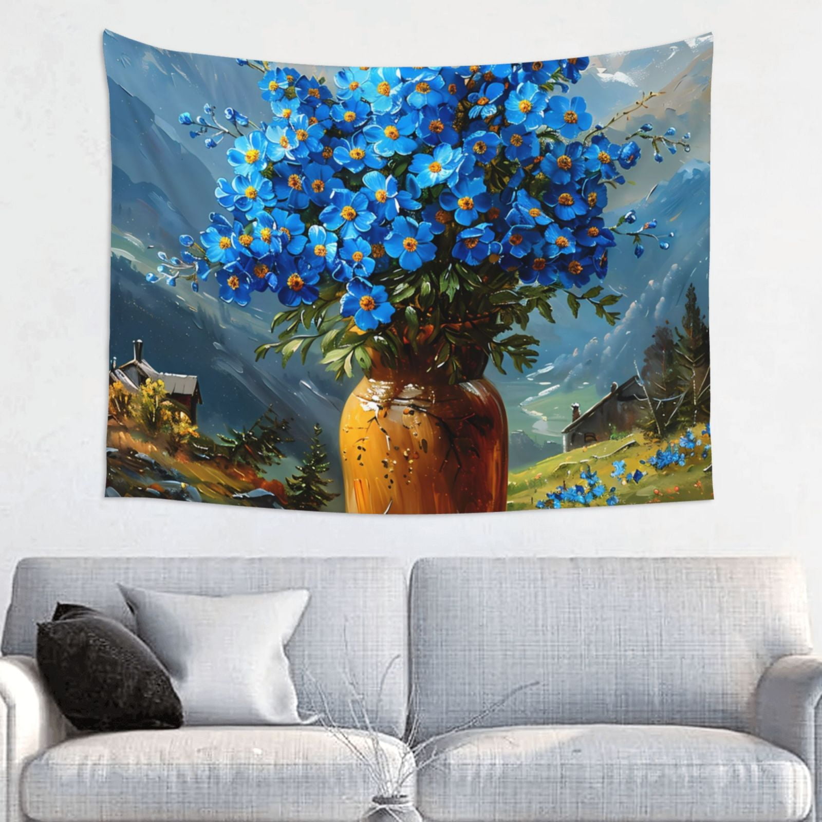 Kdxio Mountain Blue Flowers Vase Wall Hanging Tapestries Banner For ...
