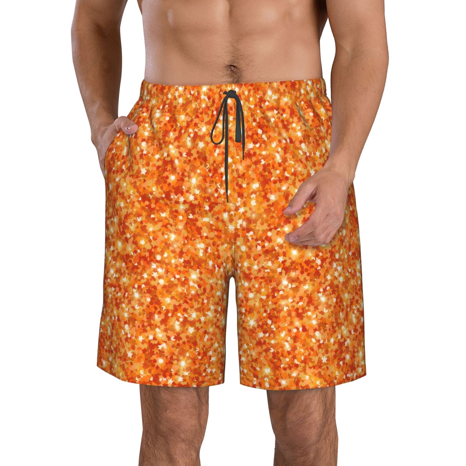 Kdxio Orange Glitter Pattern Mens Casual Shorts - Drawstring Summer ...
