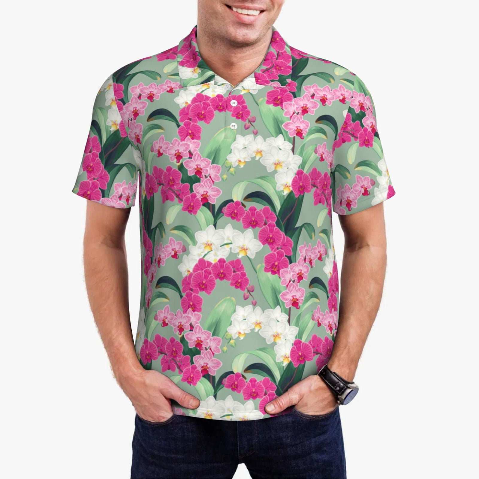 Kdxio Orchids Flowers Print Men's Short Sleeve Polo Shirt,Midweight Men ...