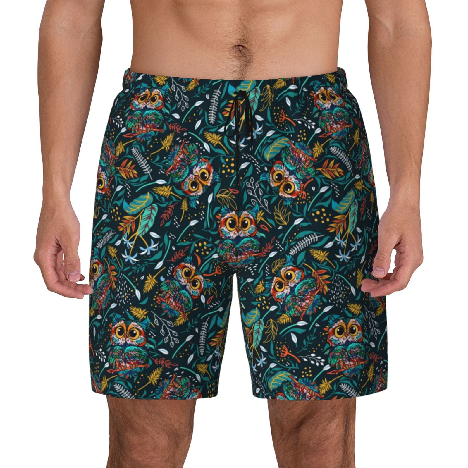 Kdxio Owl Doodle Print Men's Swim Trunks with Compression Liner 7 Inch ...