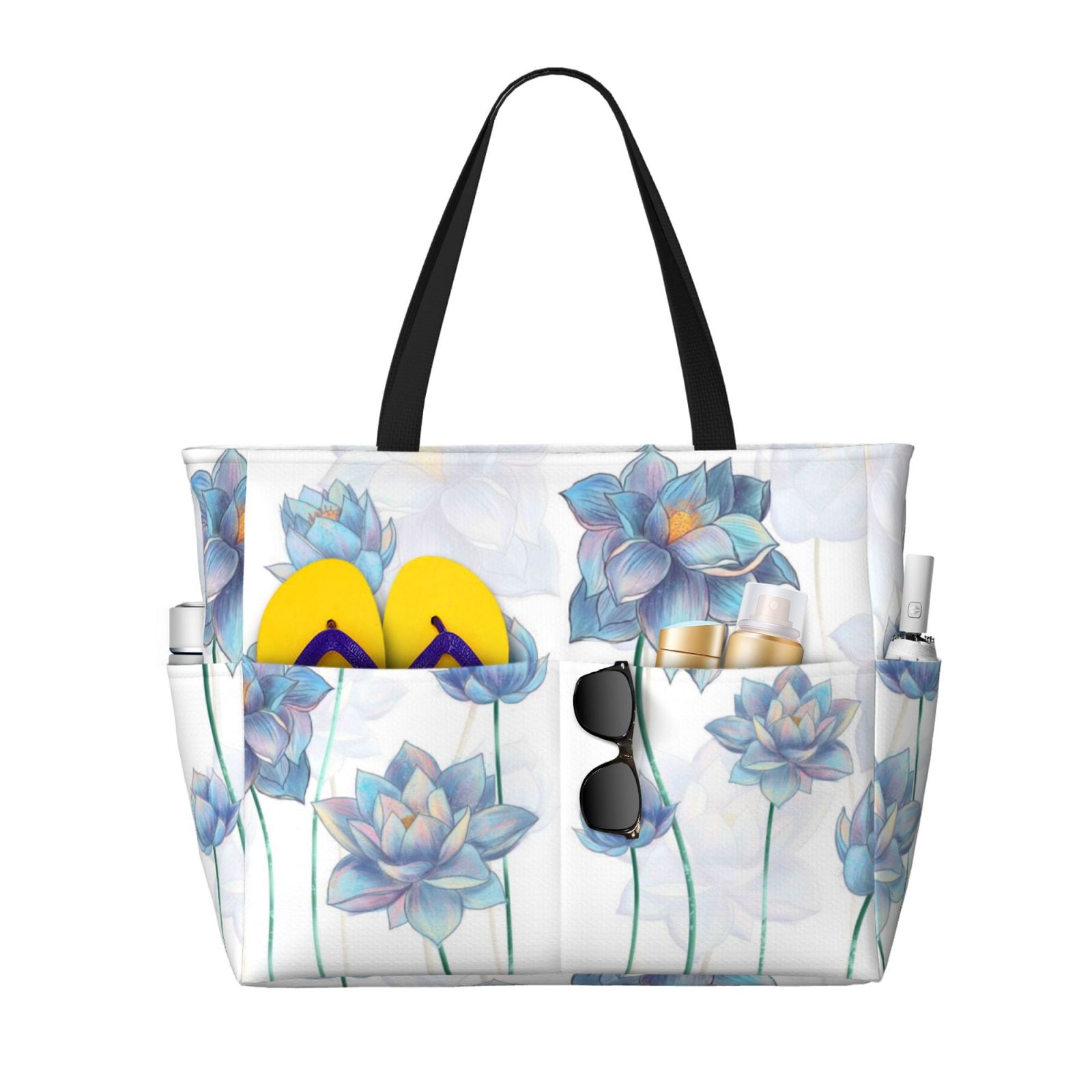 Kdxio Pale Blue Lotus Flowers for Beach Bag for Women Large Beach Tote ...