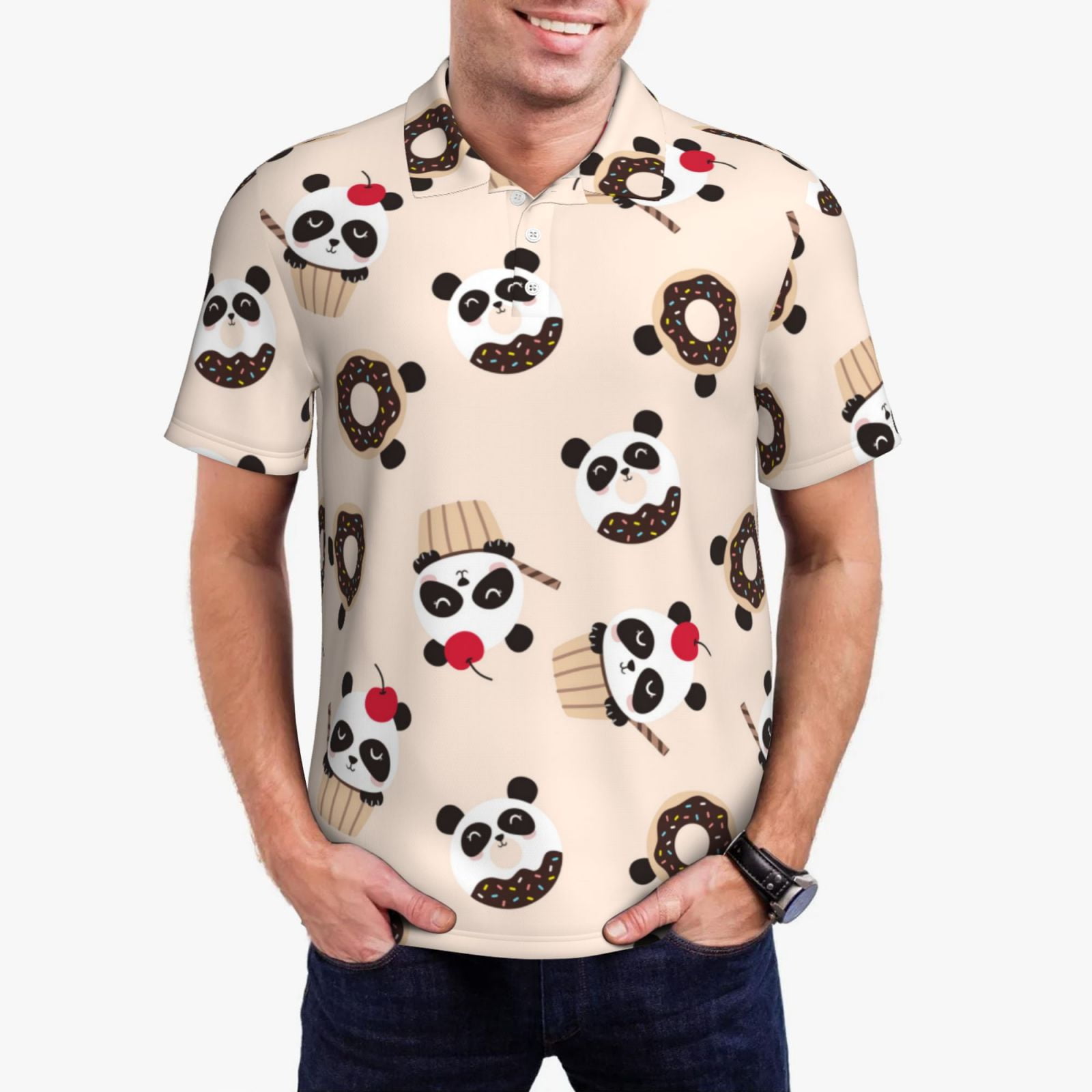 Kdxio Panda Ice Creams Donuts Print Men's Short Sleeve Polo Shirt ...