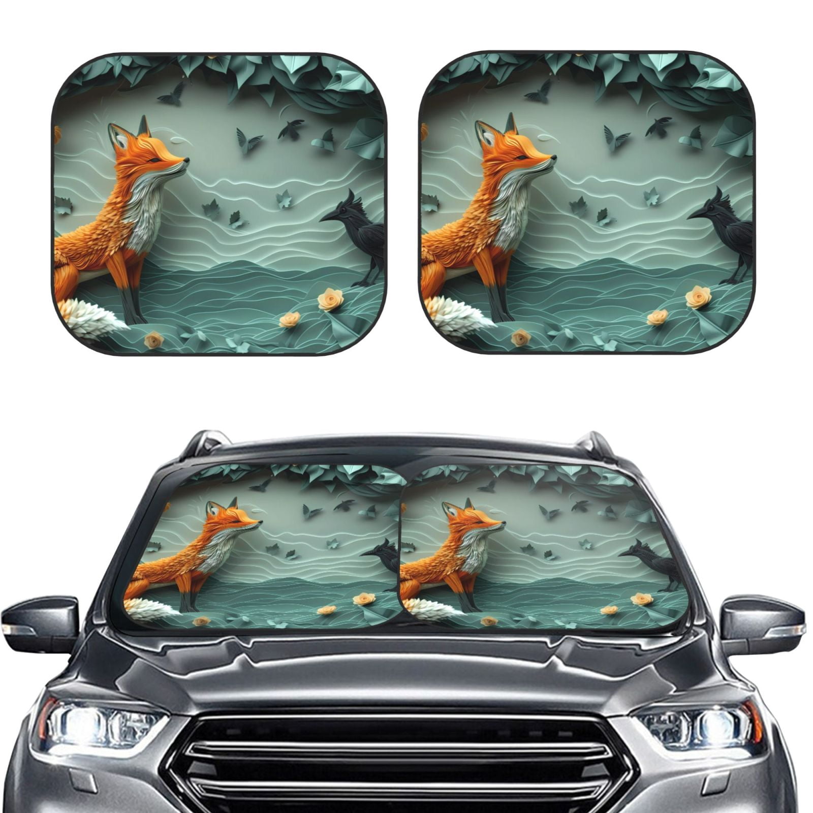 Kdxio Paper Fox Crow Fantasy Print 2-Piece Sun Shade Front Windshield ...