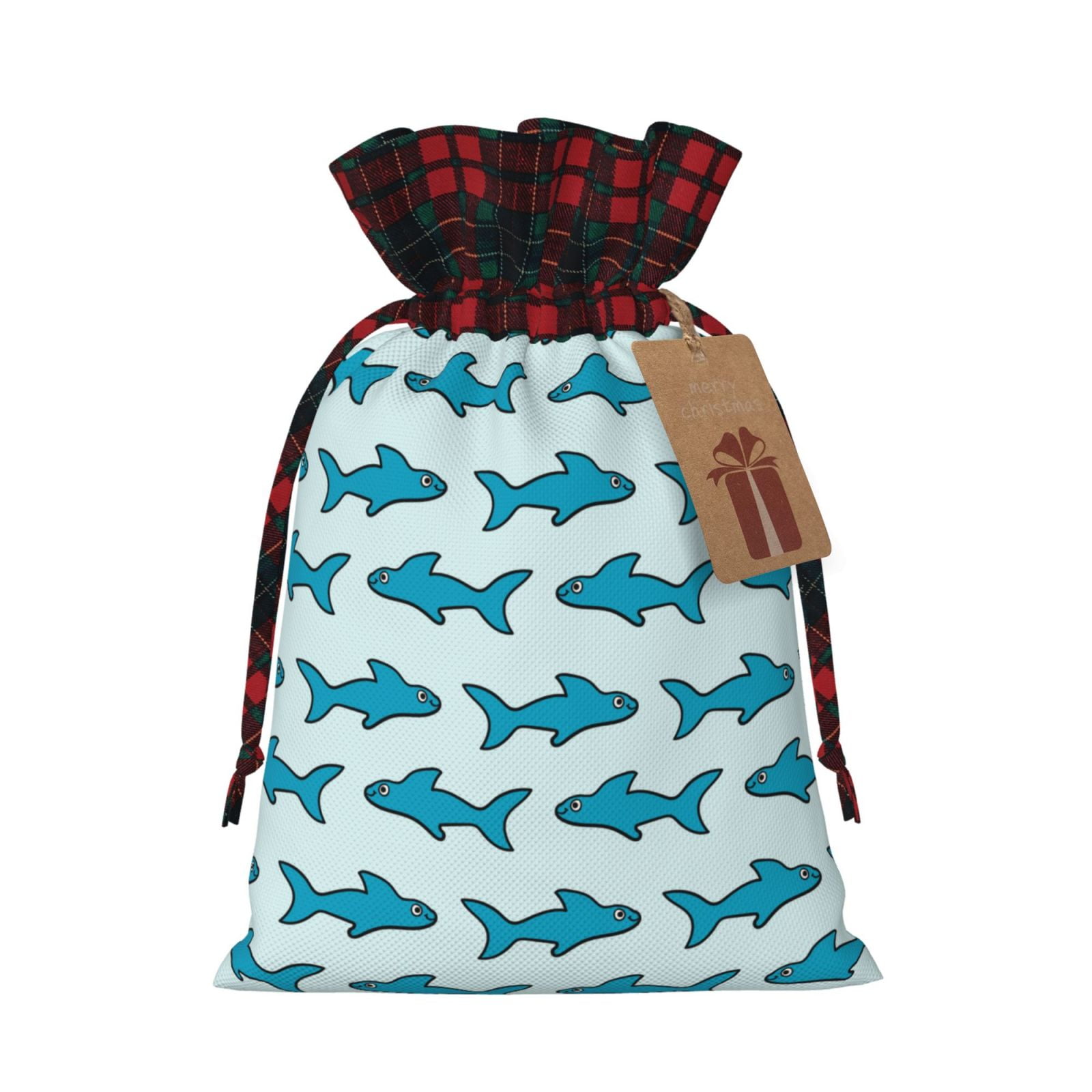 Kdxio Party Shark Cute Christmas Drawstring Bags Xmas Buffalo Plaid ...