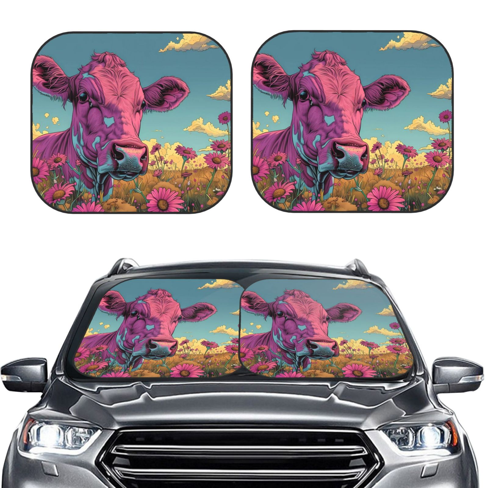 Kdxio Pink Cow In Sunflower Field Print 2-Piece Sun Shade Front ...