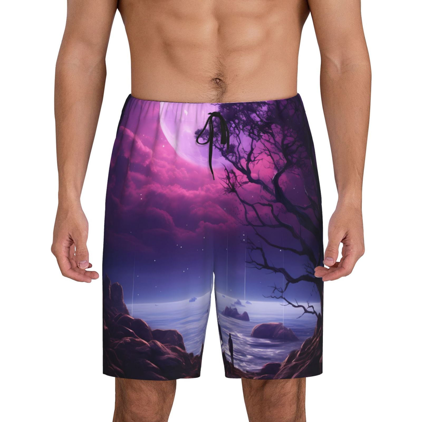 Kdxio Purple Moon Tree Night Sky Print Mens Sleep Shorts Bottoms Soft ...