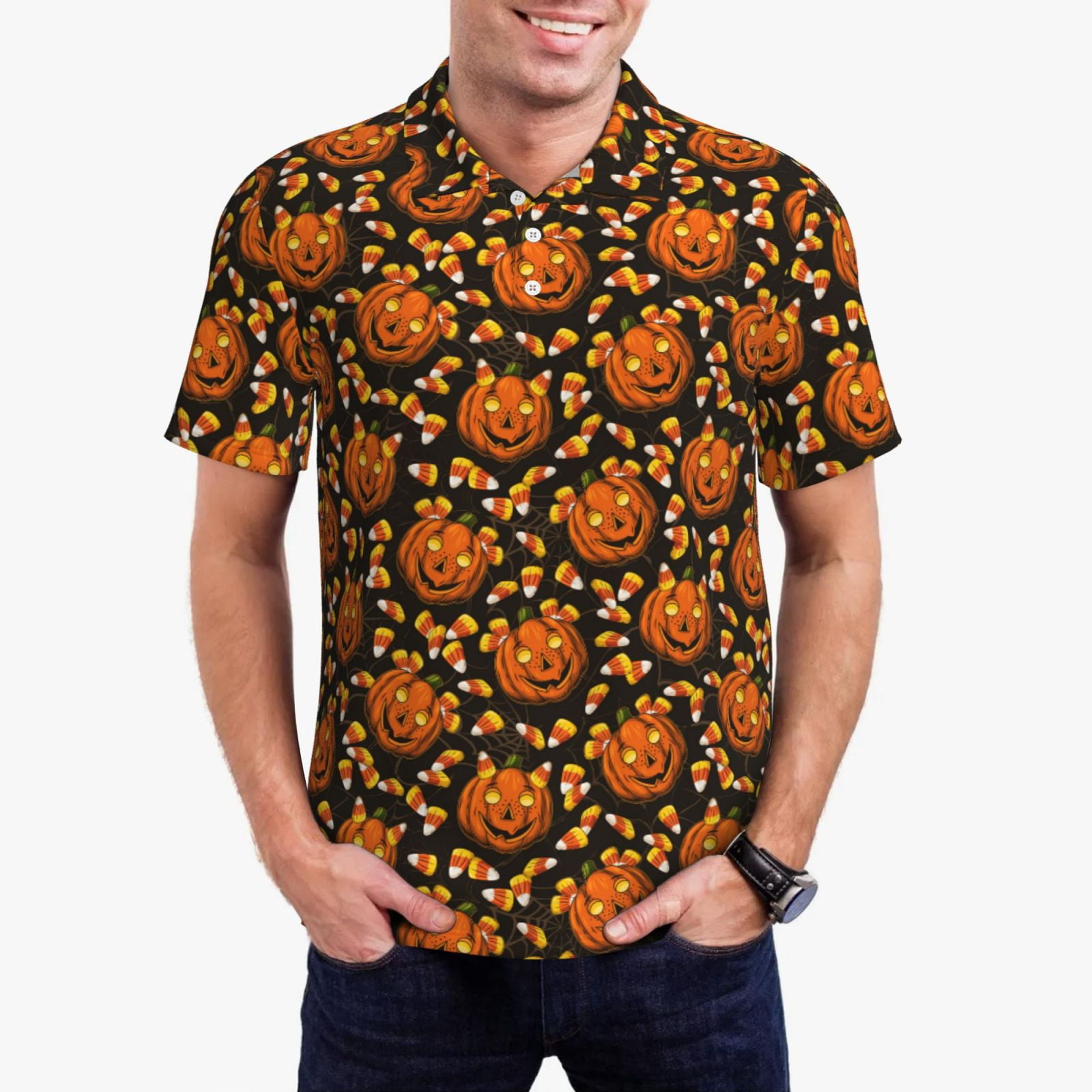 Kdxio Quirky Corn Pumpkin Print Men's Short Sleeve Polo Shirt,Midweight ...