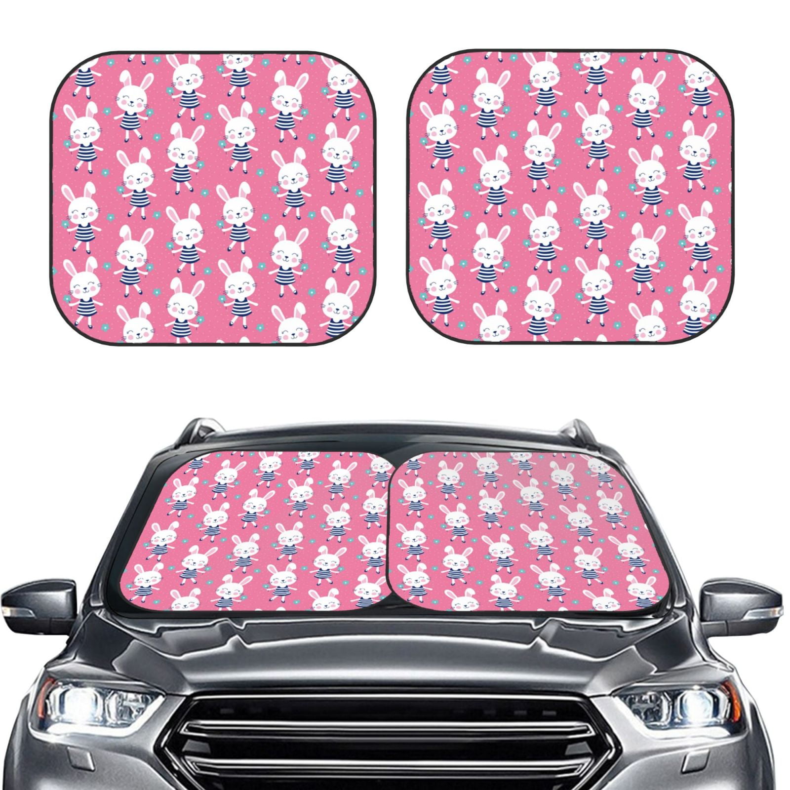 Kdxio Rabbit Holding Flowers Print 2-Piece Sun Shade Front Windshield ...