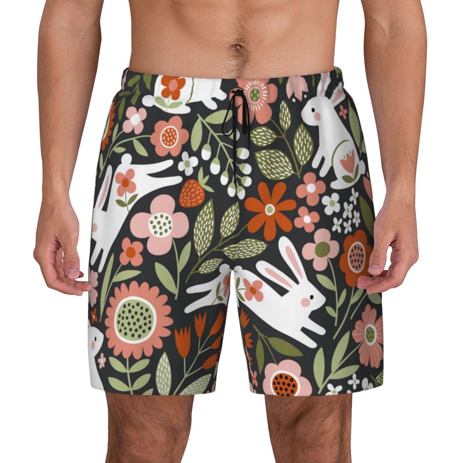 Kdxio Rabbits On Floral Print Men'S Swim Trunks With Compression Liner ...