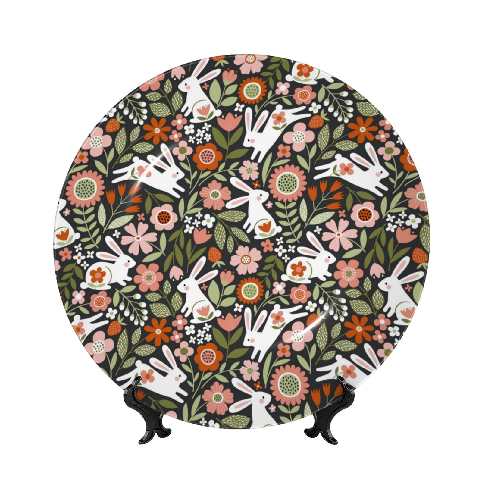 Kdxio Rabbits on Floral Bone China Decorative Plate Ceramic Decorative ...