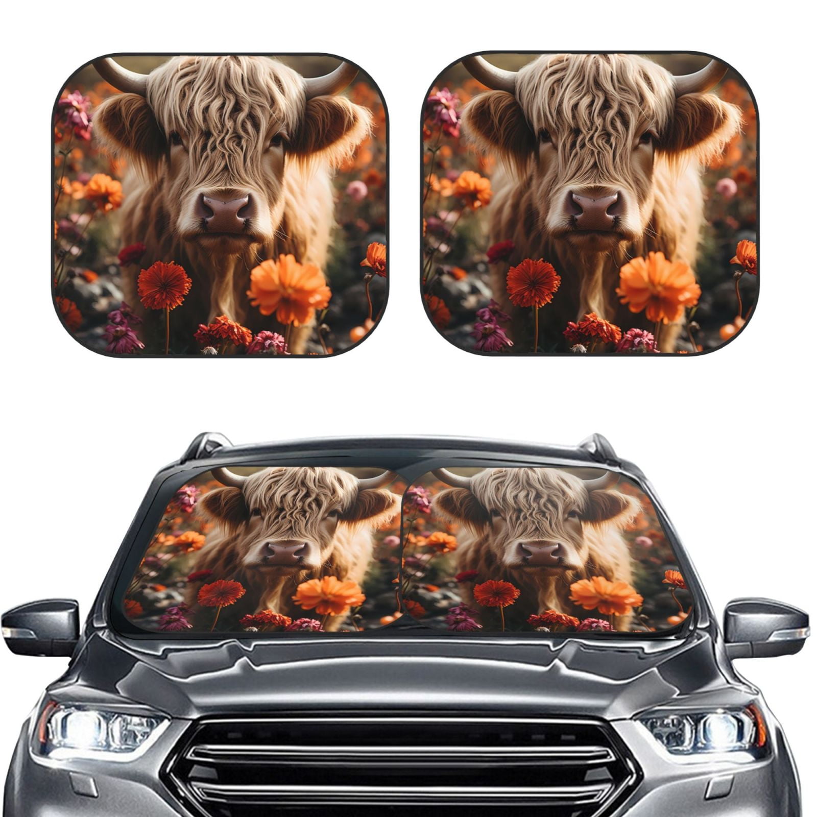 Kdxio Realistic Flower Cow Print 2-Piece Sun Shade Front Windshield ...