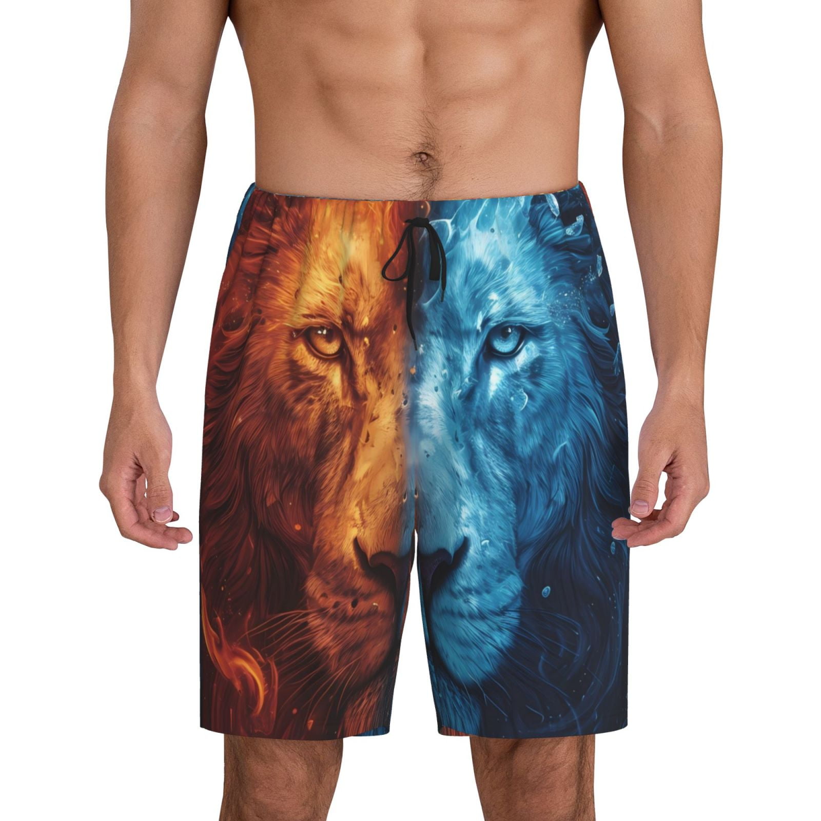 Kdxio Red And Blue Fire Lion Print Mens Sleep Shorts Bottoms Soft Comfy ...