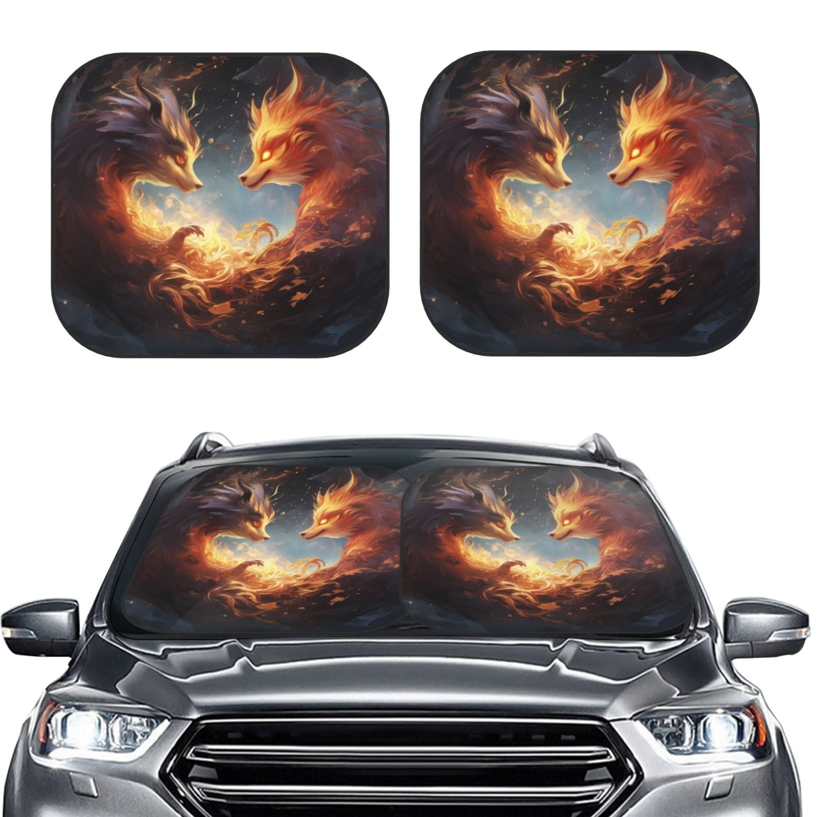 Kdxio Red And Gray Flame Fox Print 2-Piece Sun Shade Front Windshield ...
