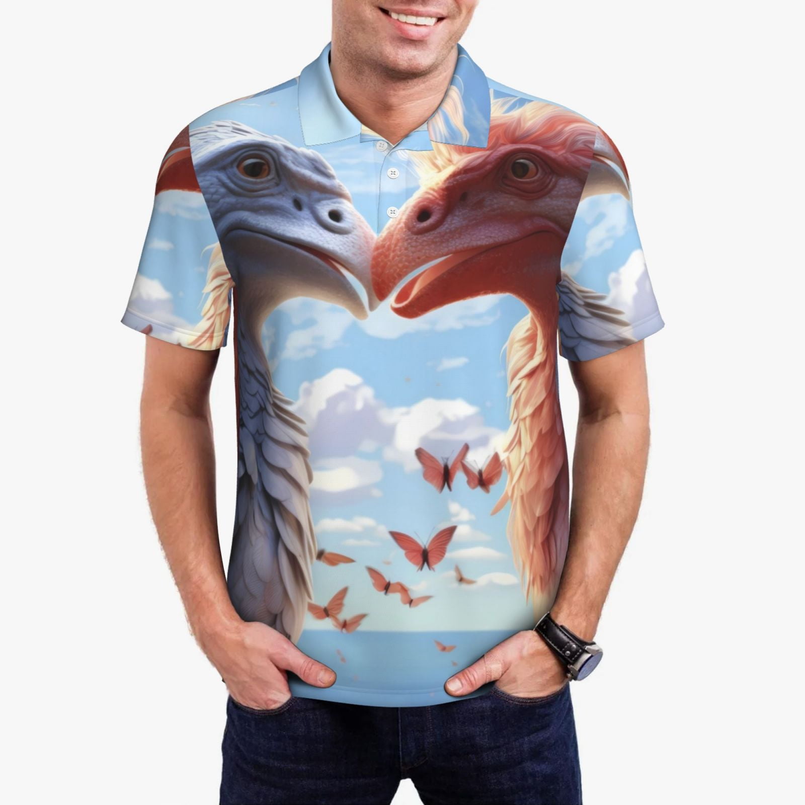 Kdxio Red And White Bird Couple Print Men's Short Sleeve Polo Shirt ...