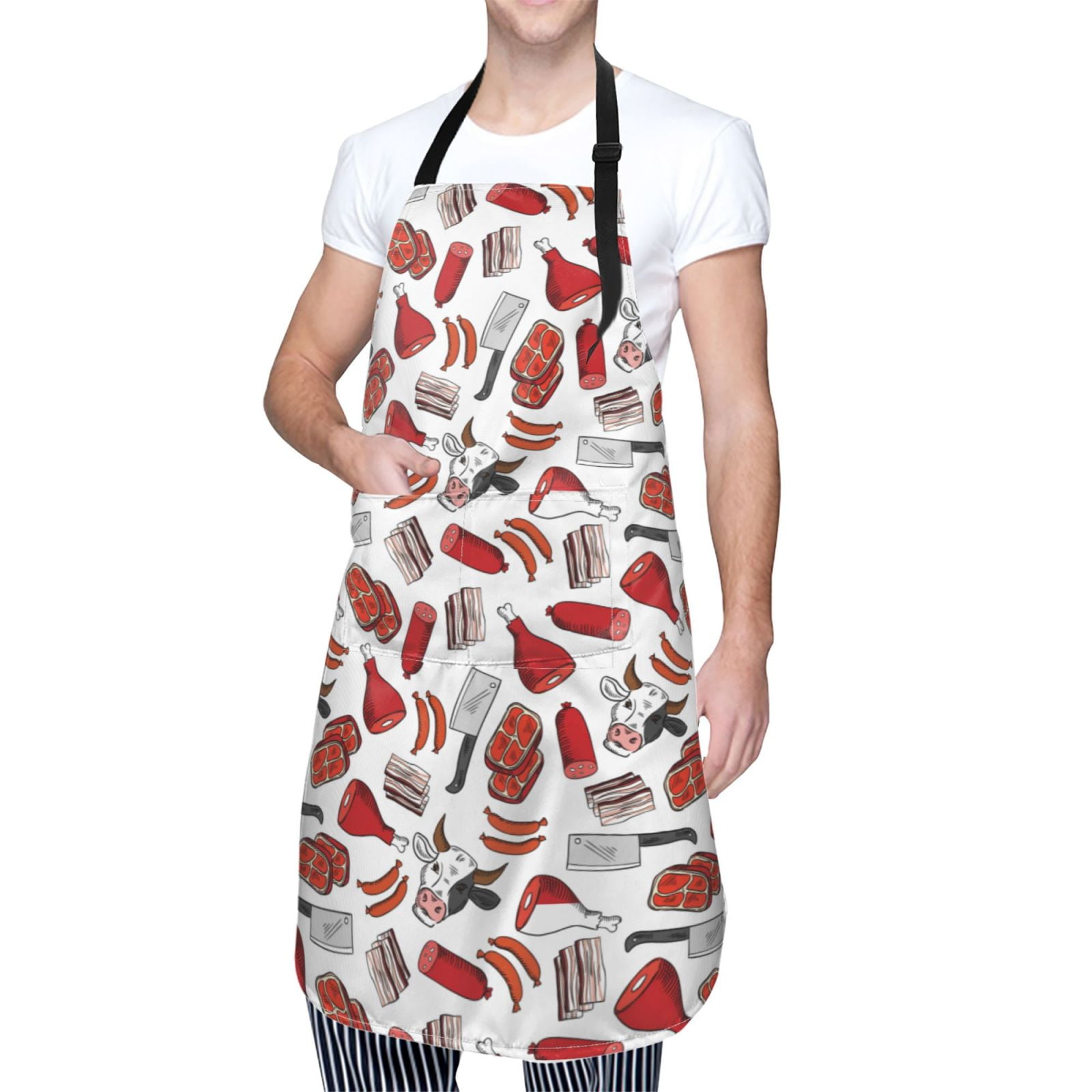 Kdxio Red Food Apron with Pockets Adjustable Kitchen Aprons for Men ...