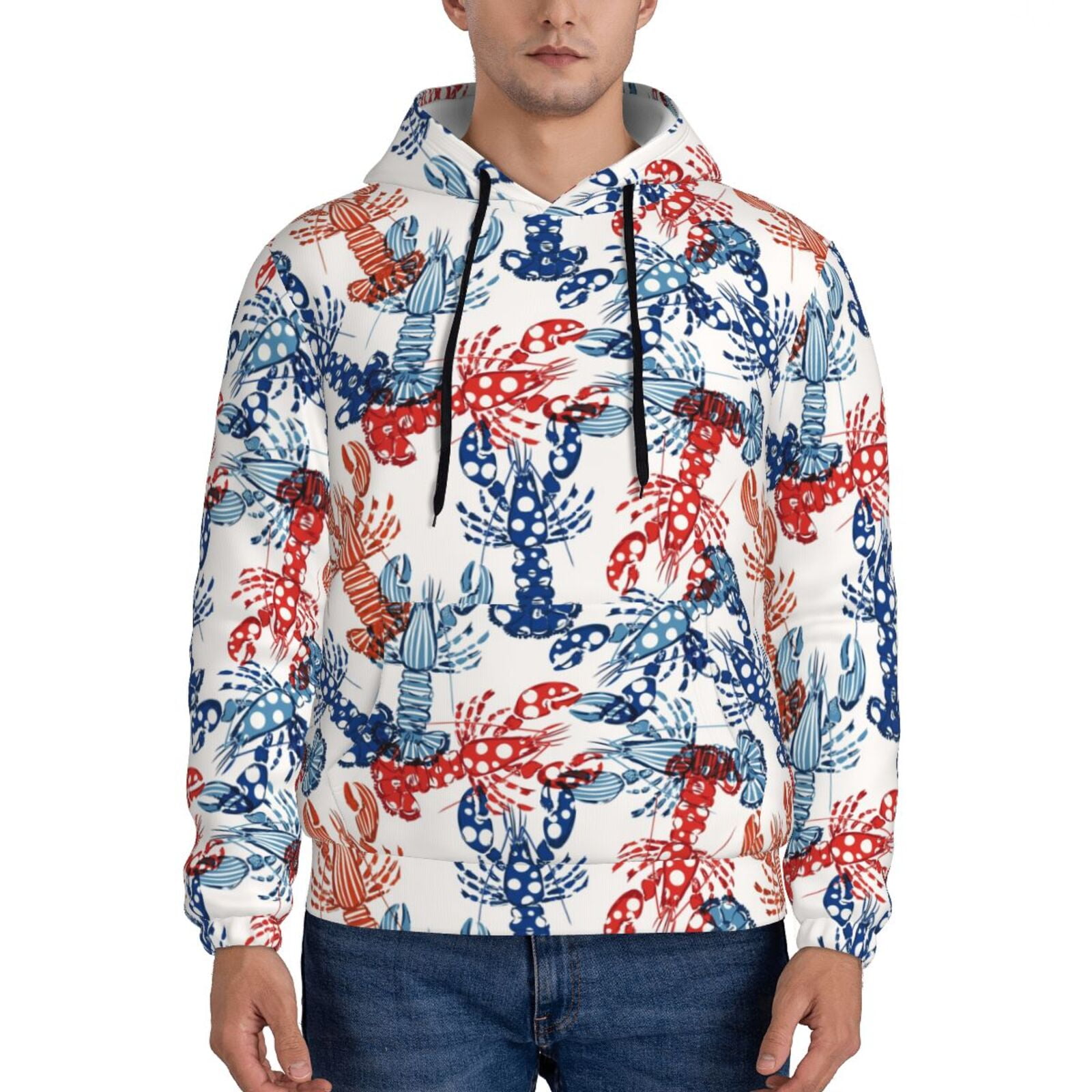Kdxio Red Lobster Print Mens Casual Hooded Collar Drawstring Hoodies ...