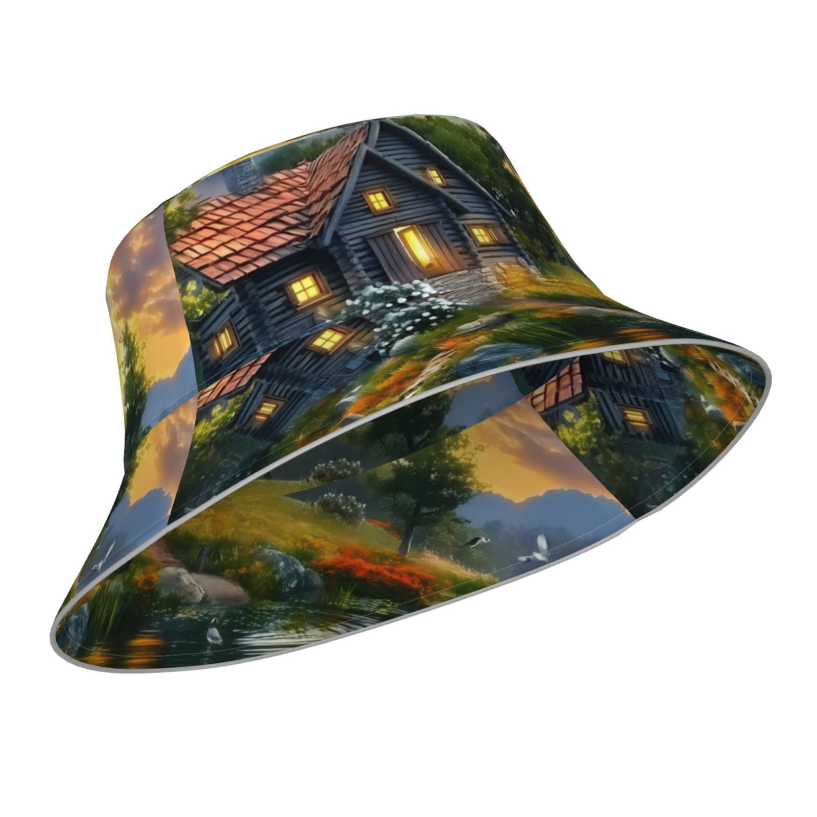 Kdxio Reflective Bucket Hat - Cozy Cottage Lakeside Sunset Print Bucket ...