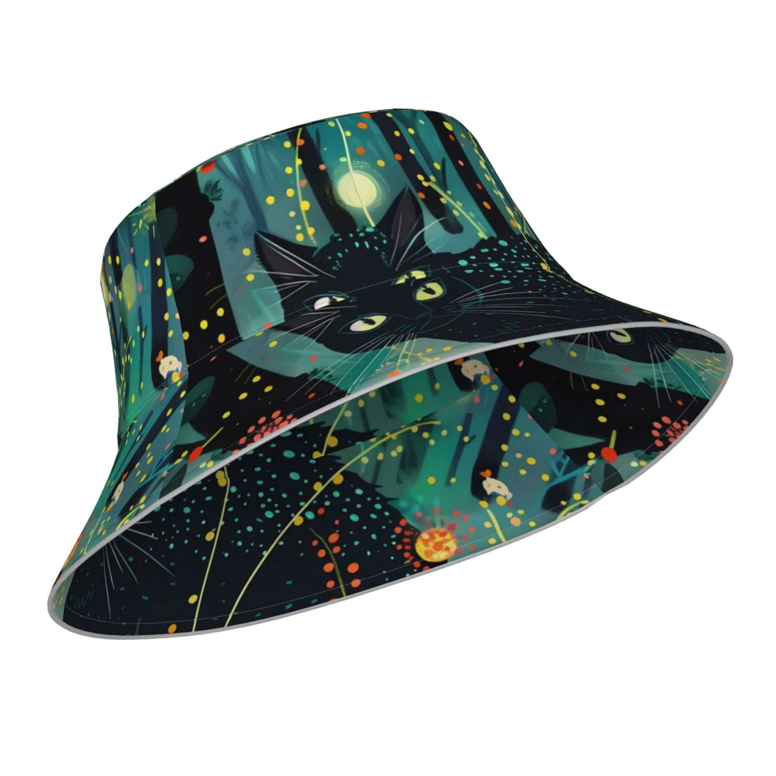 Kdxio Reflective Bucket Hat - Mystical Black Cat Fireflies Print Bucket ...