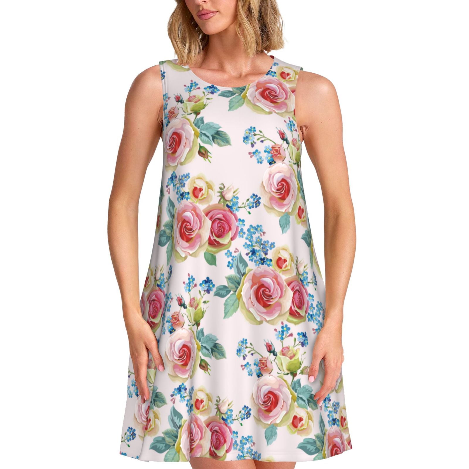 Kdxio Rose Flowers Pattern Summer Dresses for Women Beac Sleeveless ...