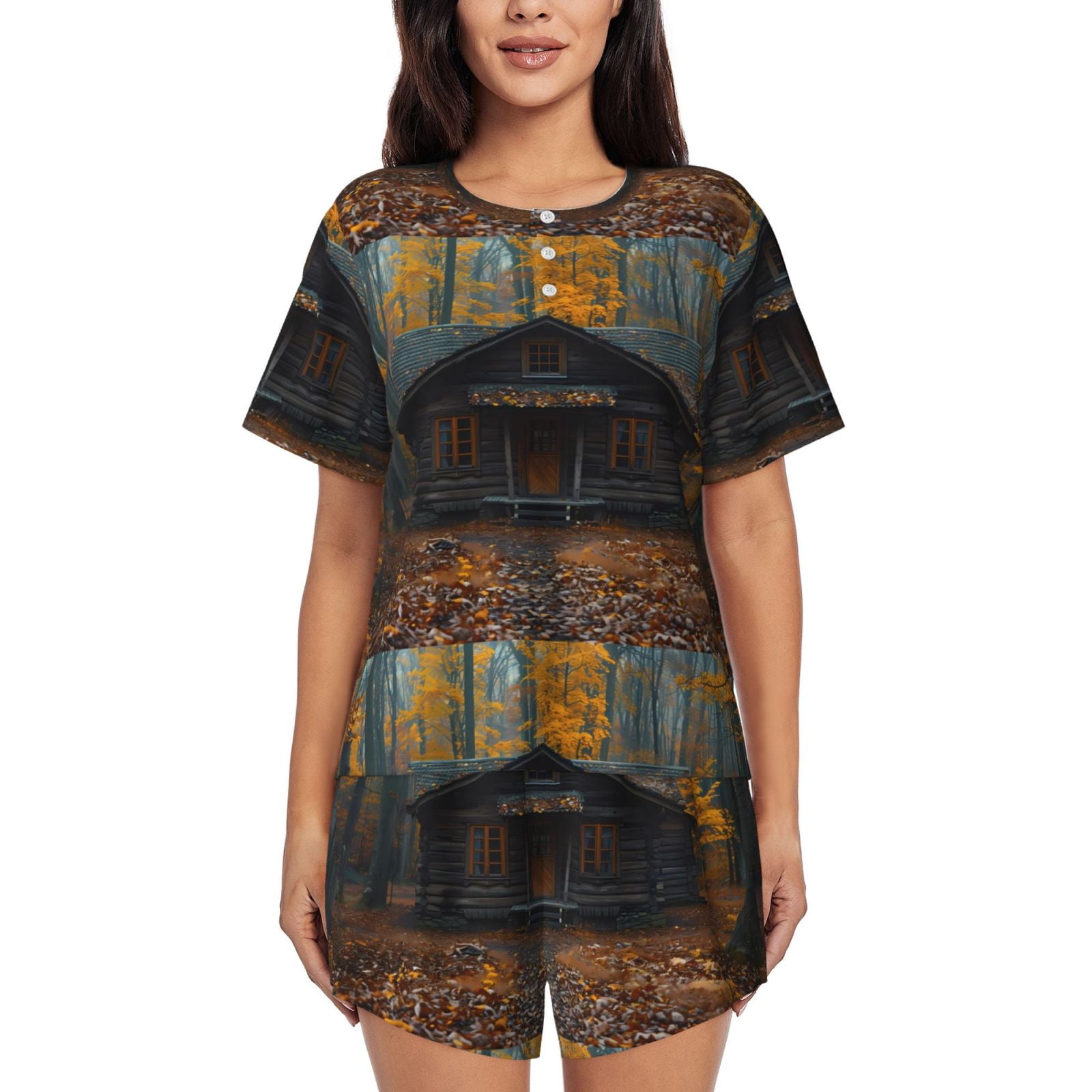 Kdxio Rustic Cabin Autumn Forest Print Pajamas Sets for Women Short ...