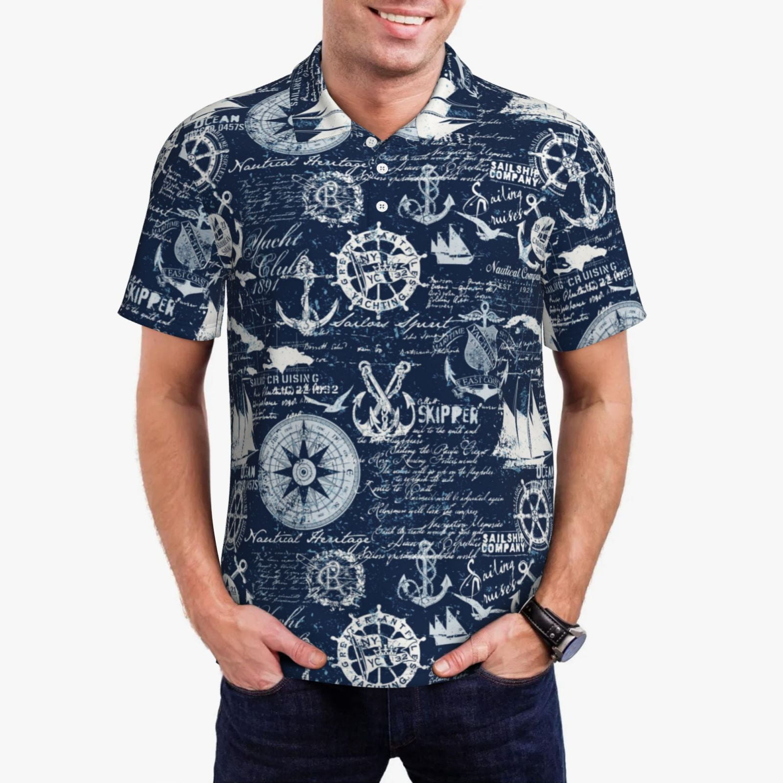 Kdxio Sailing Cruises Nautical Print Men's Short Sleeve Polo Shirt ...