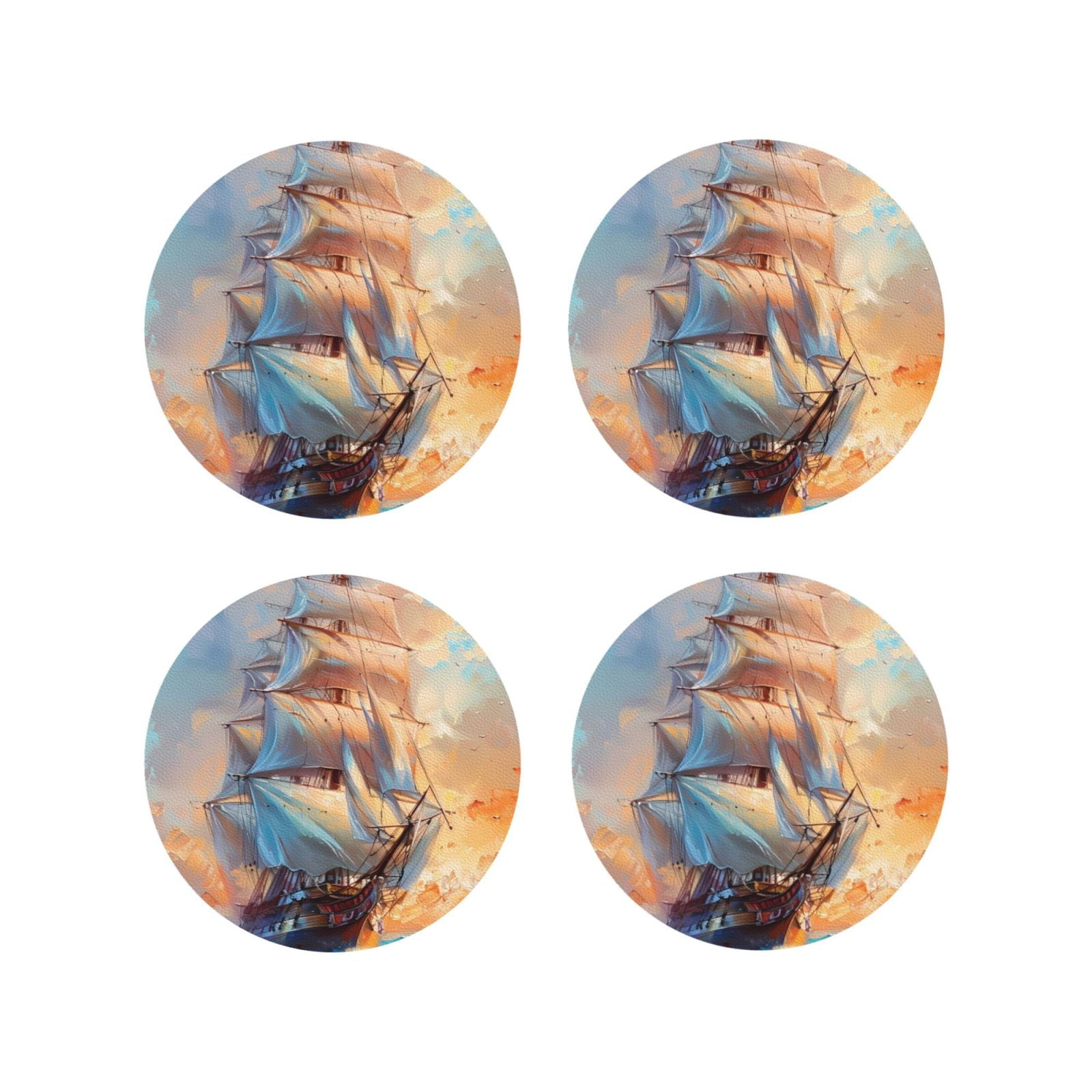 Kdxio Sailing Ship Ocean Sunset Funny Coasters,4 Pcs Leather Coasters ...