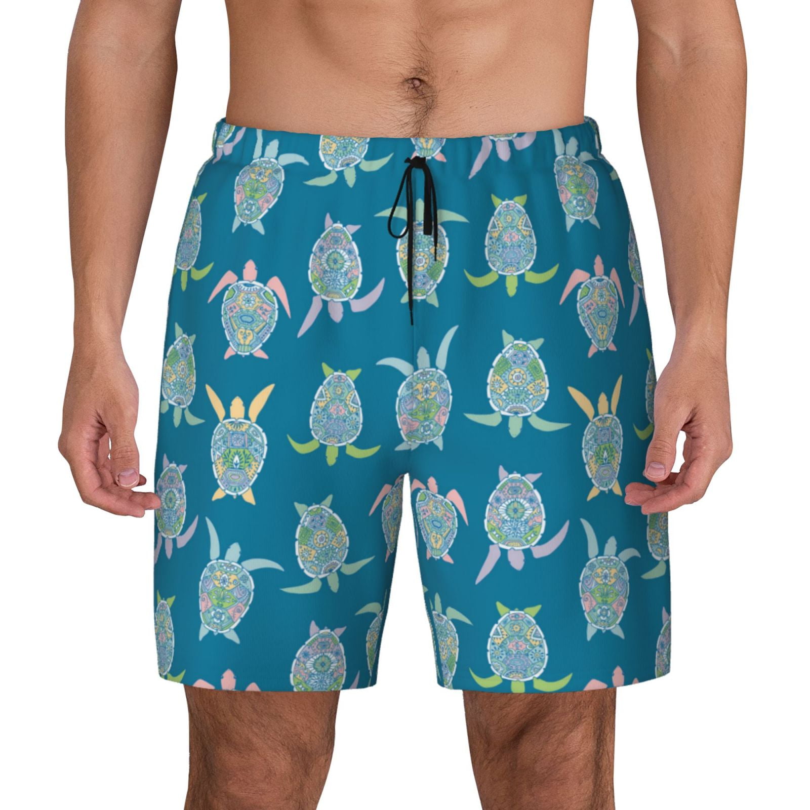 Kdxio Sea Turtle Print Men's Swim Trunks with Compression Liner 7 Inch ...