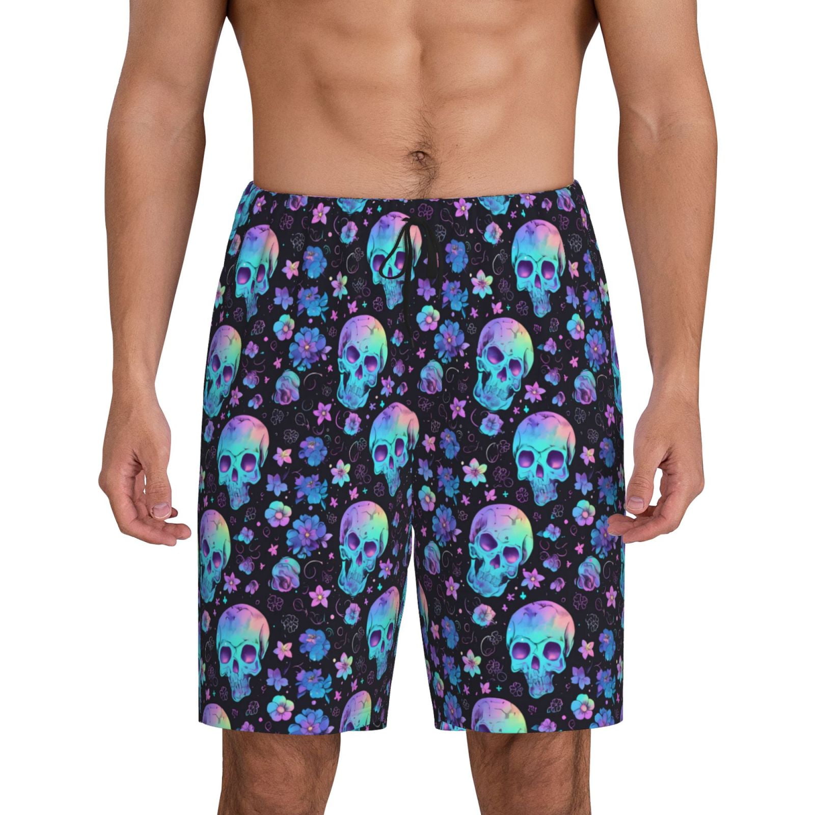 Kdxio Skull Flower Blue Print Mens Sleep Shorts Bottoms Soft Comfy ...