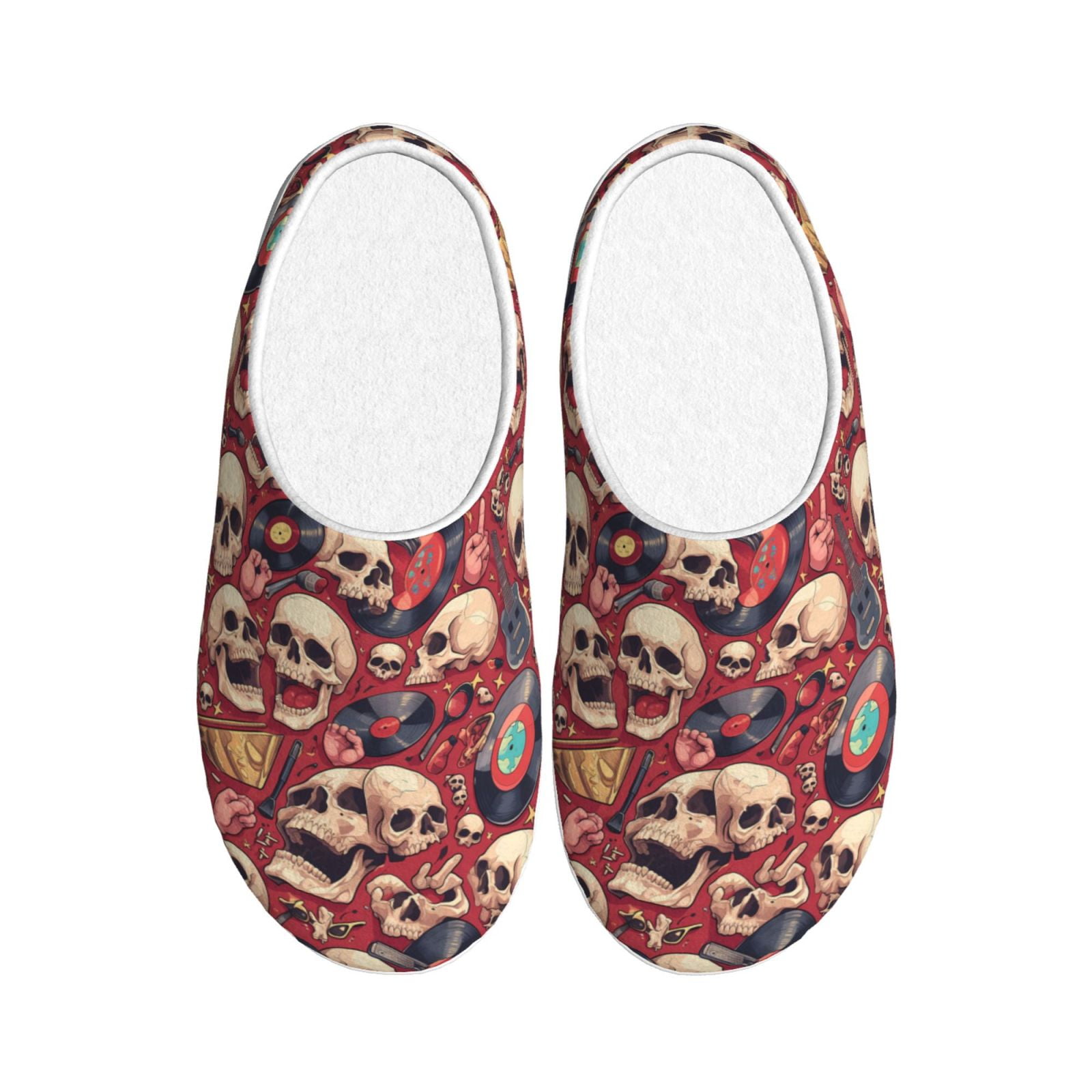 Kdxio Skull record Guitar music Women's Men's Slippers Plush Slip-On ...
