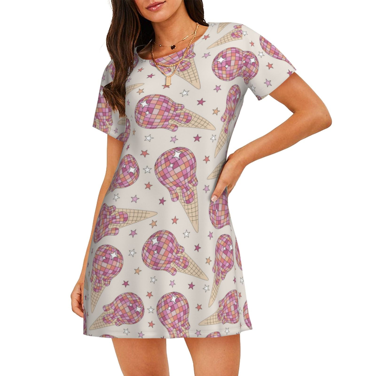 Kdxio Sparkling Ice Cream Pattern Womens Short Sleeve Sleepshirt ...