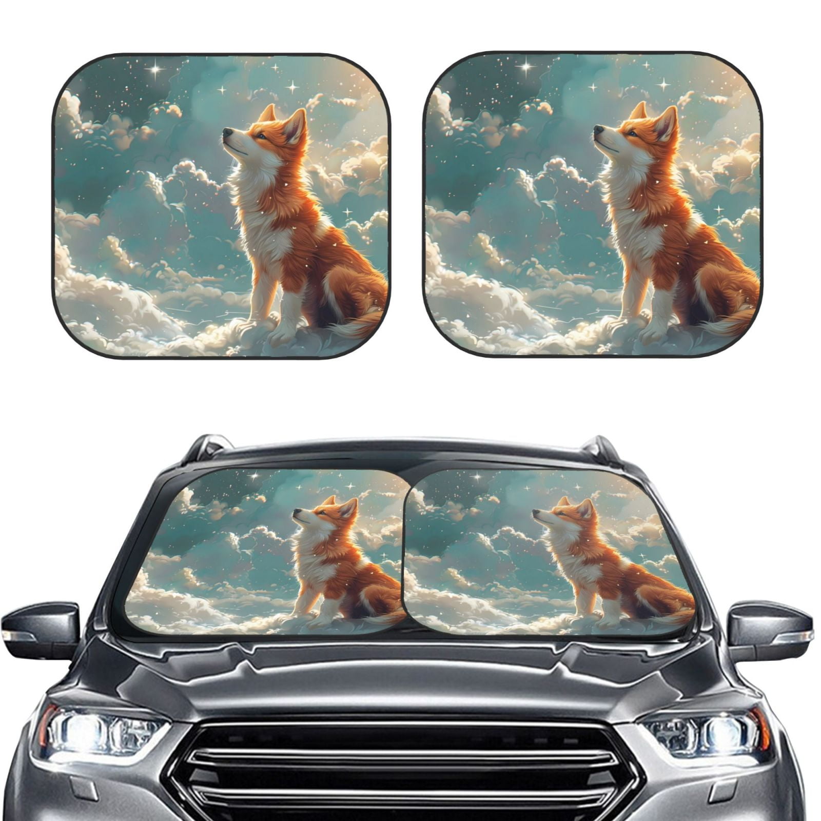 Kdxio Starry Sky Cloud Fox Print 2-Piece Sun Shade Front Windshield ...