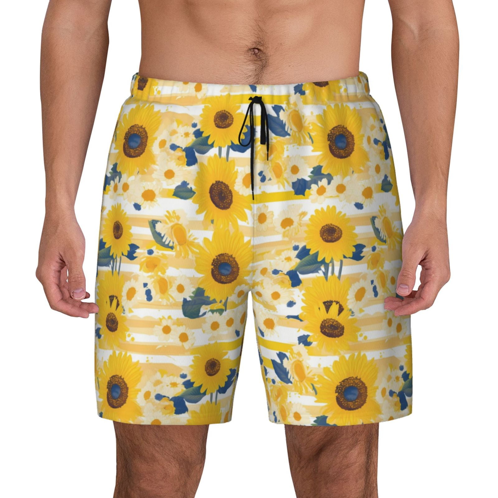 Kdxio Striped Sunflower Daisy Print Men's Swim Trunks with Compression ...