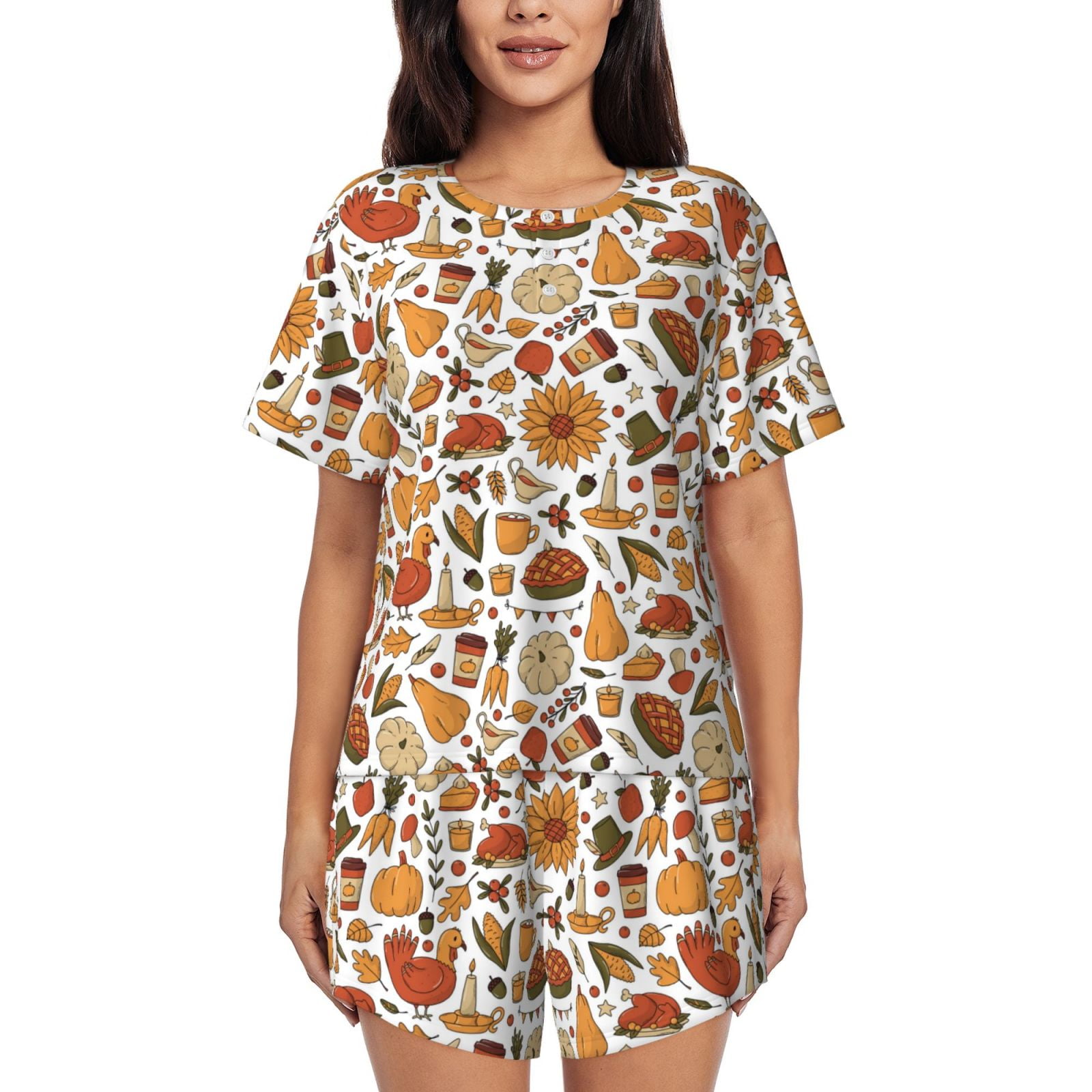 Kdxio Thanksgiving Food Print Pajamas Sets for Women Short-Sleeved Pjs ...
