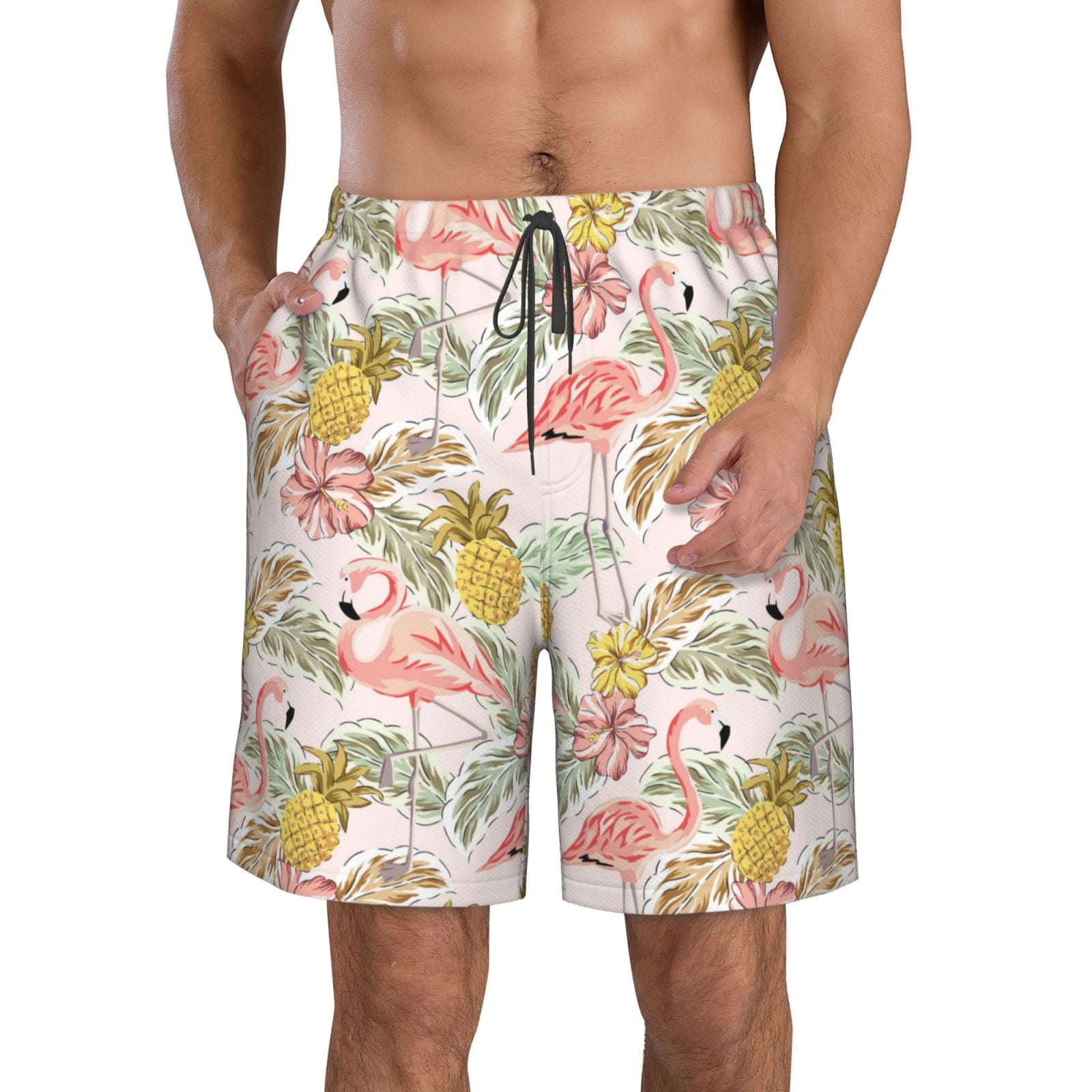 Kdxio Tropical Pink Flamingo Pineapple Pattern Mens Casual Shorts ...