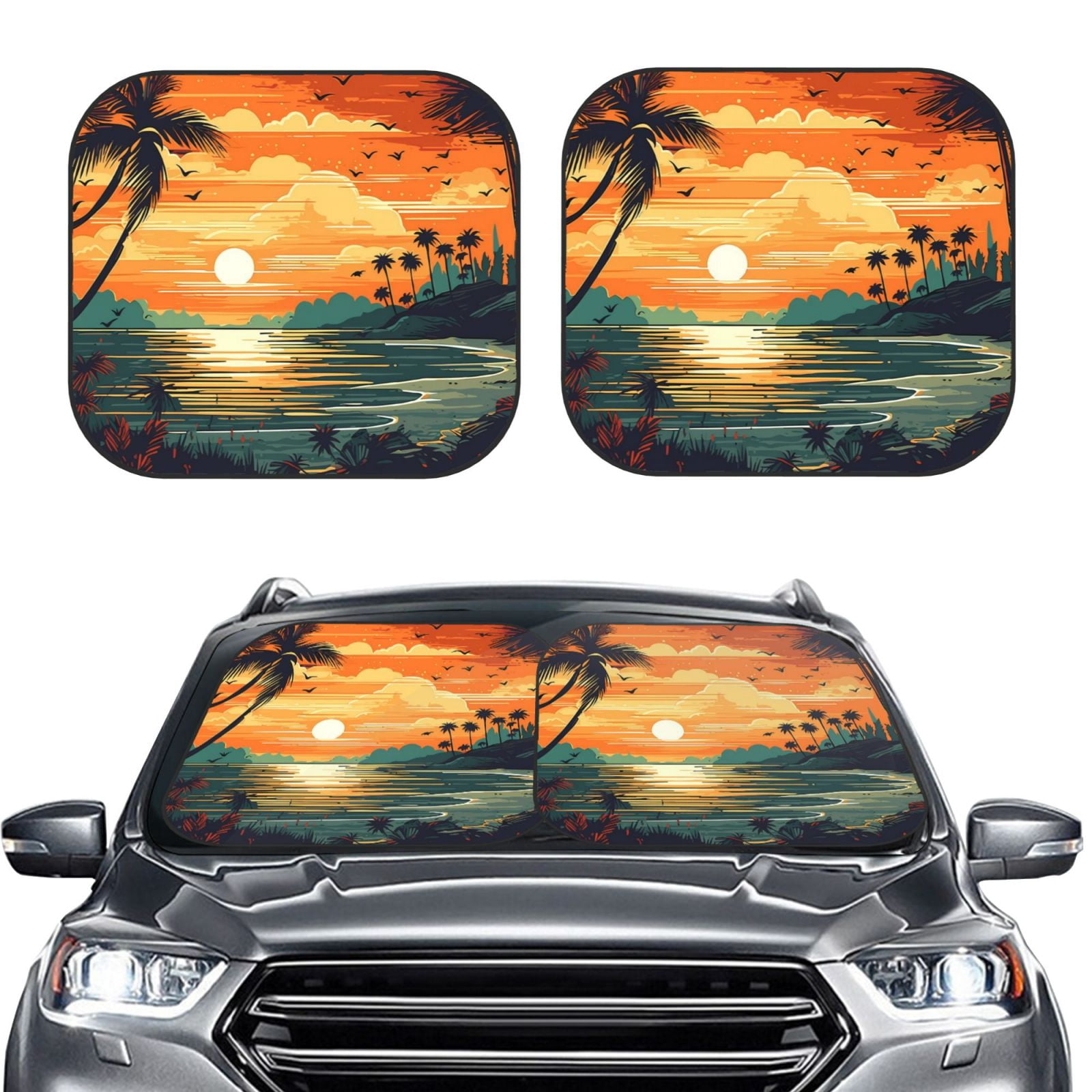 Kdxio Tropical Sunset Paradise Print 2-Piece Sun Shade Front Windshield ...