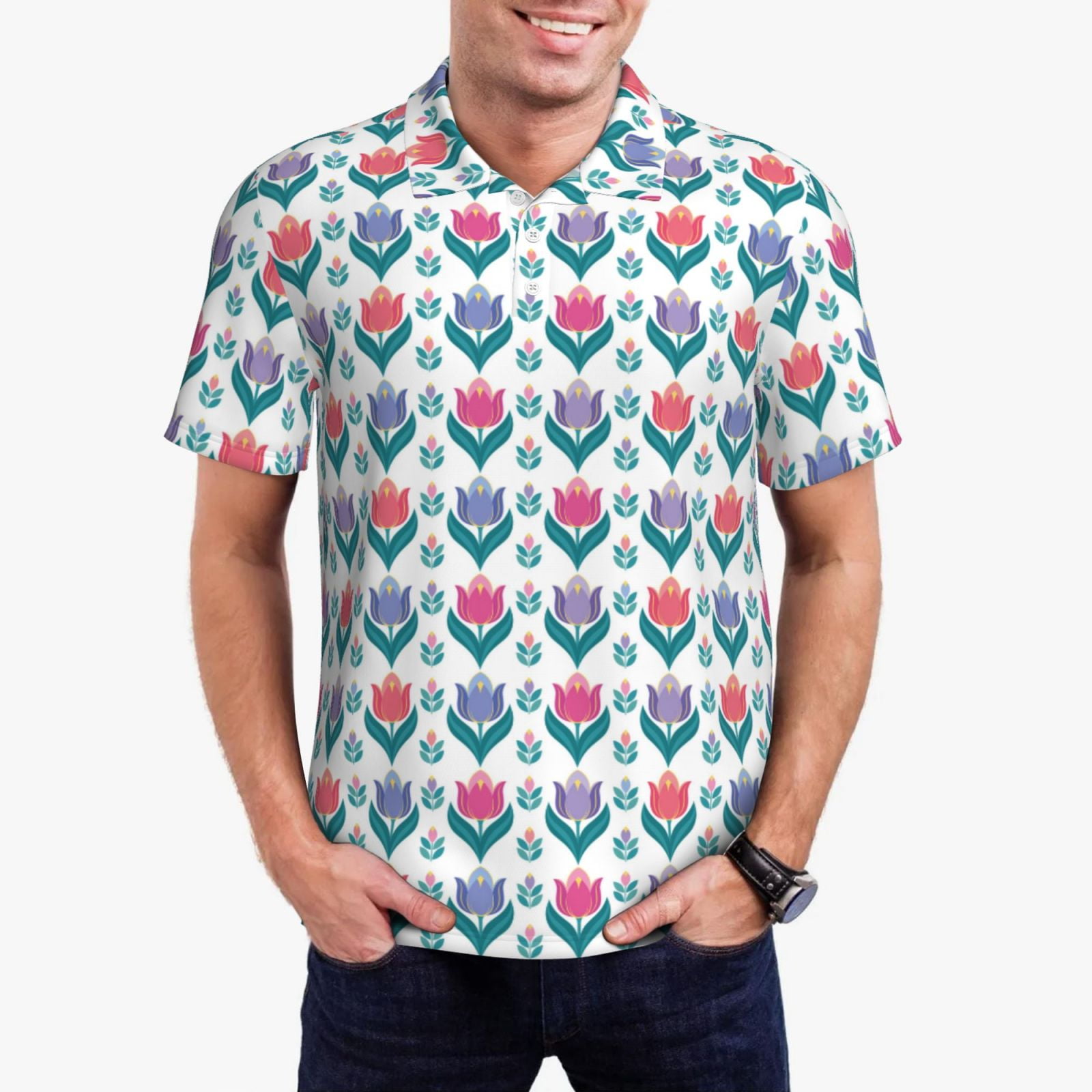 Kdxio Tulips Flowers Print Men's Short Sleeve Polo Shirt,Midweight Men ...