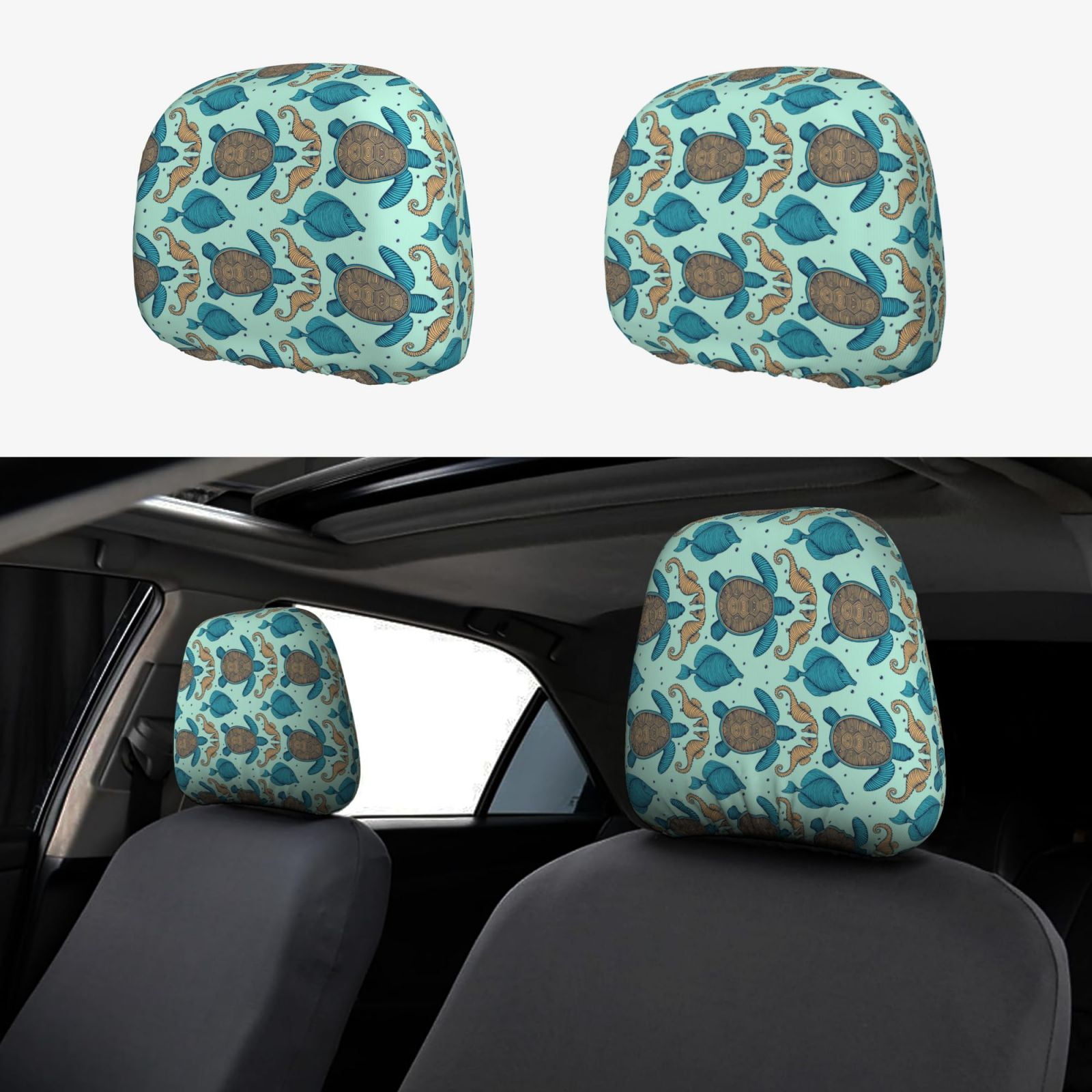 Kdxio Turtles And Seahorses Pattern Print 2 Piece Car Head Rest Covers ...
