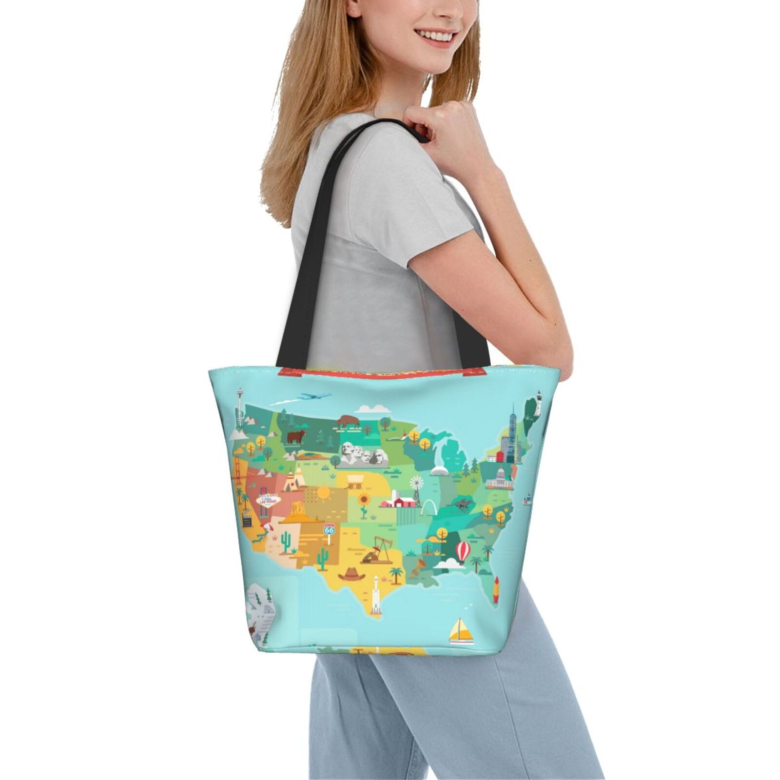 Kdxio USA Tourist Map With Famous Landmarks Women Reusable Grocery Bags ...