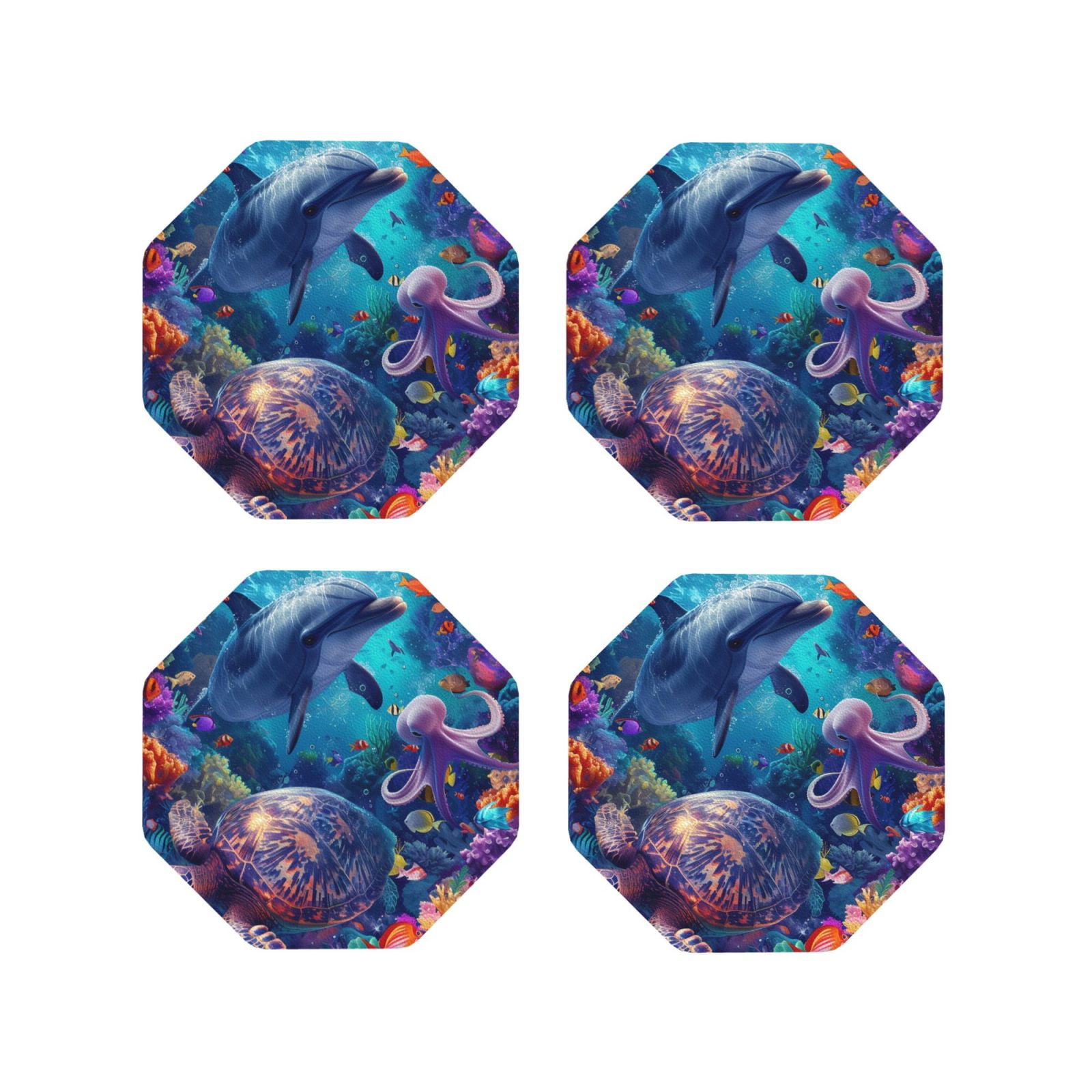 Kdxio Underwater Turtle Dolphin Octopus Funny Coasters,4 Pcs Leather ...