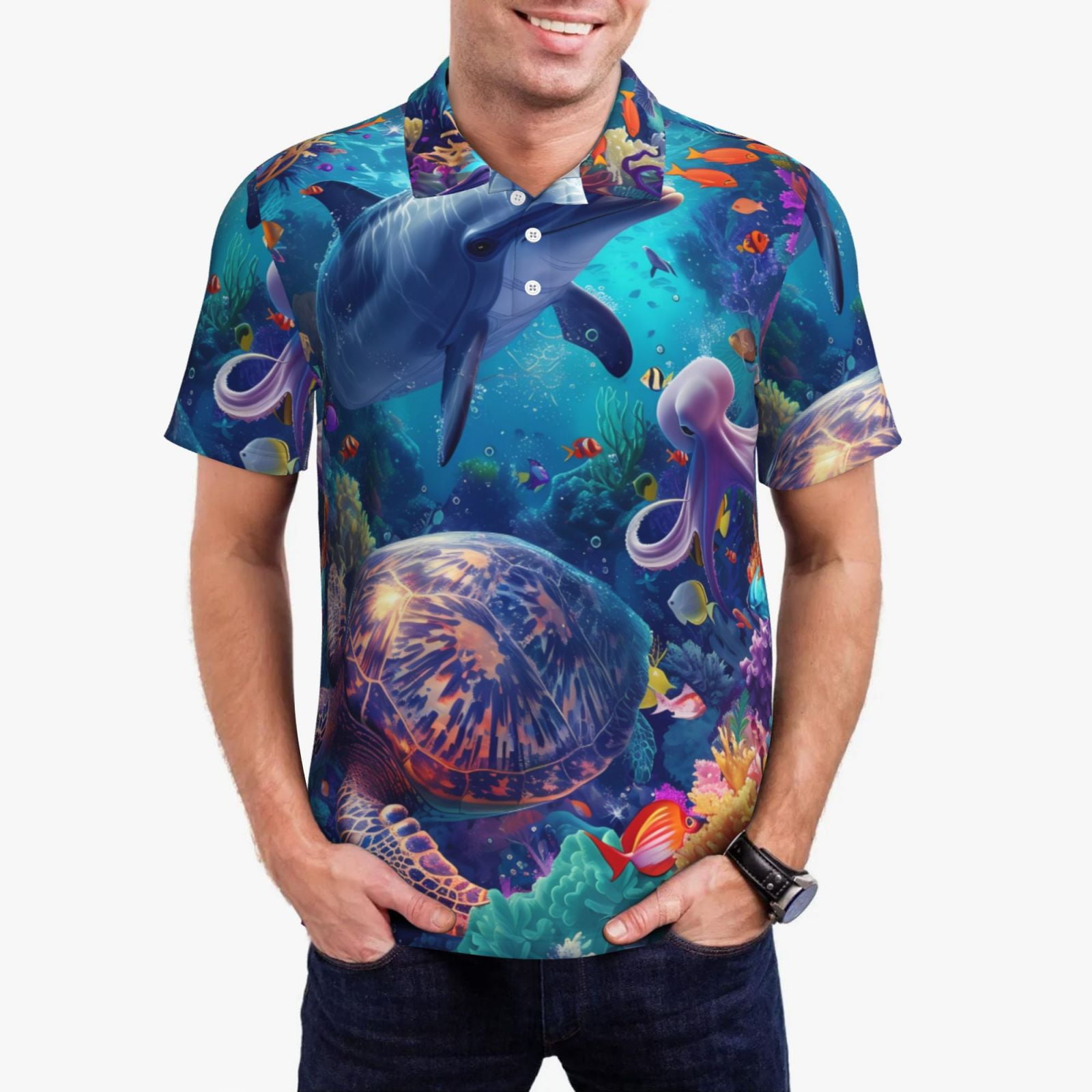 Kdxio Underwater Turtle Dolphin Octopus Print Men's Short Sleeve Polo ...