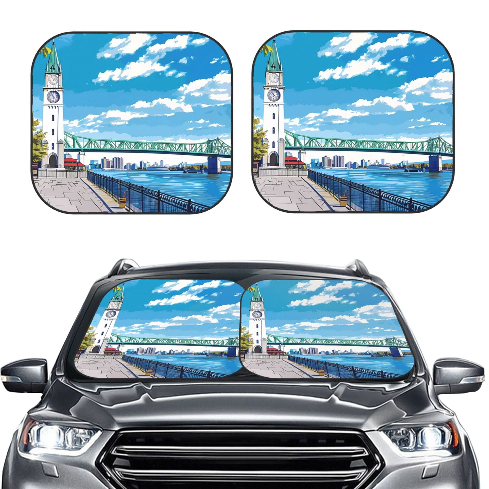Kdxio Urban Riverside Clock Tower Print 2-Piece Sun Shade Front ...