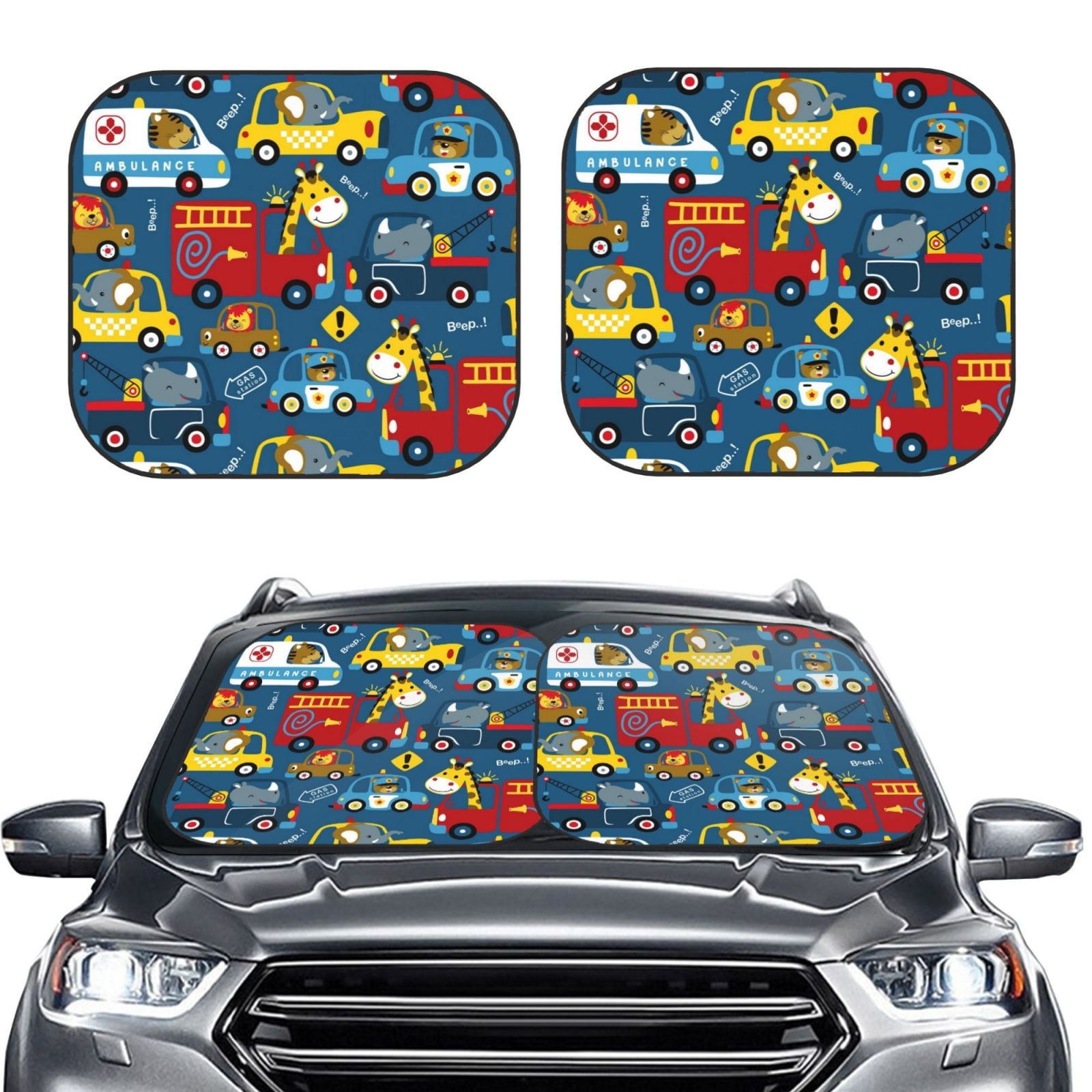 Kdxio Vehicles Cartoon With Funny Drivers Print 2-Piece Sun Shade Front ...
