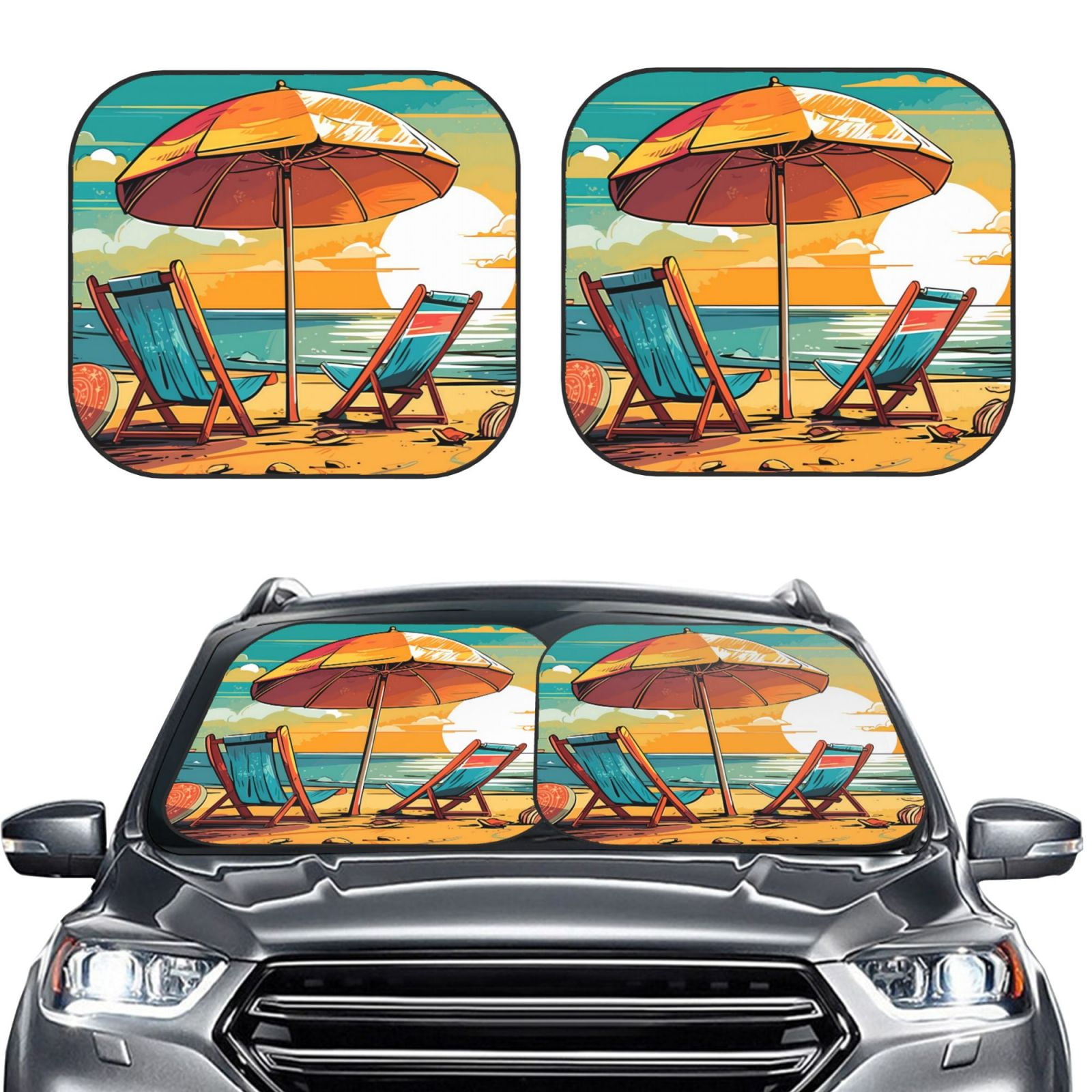 Kdxio Vintage Beach Sunset Print 2-Piece Sun Shade Front Windshield ...