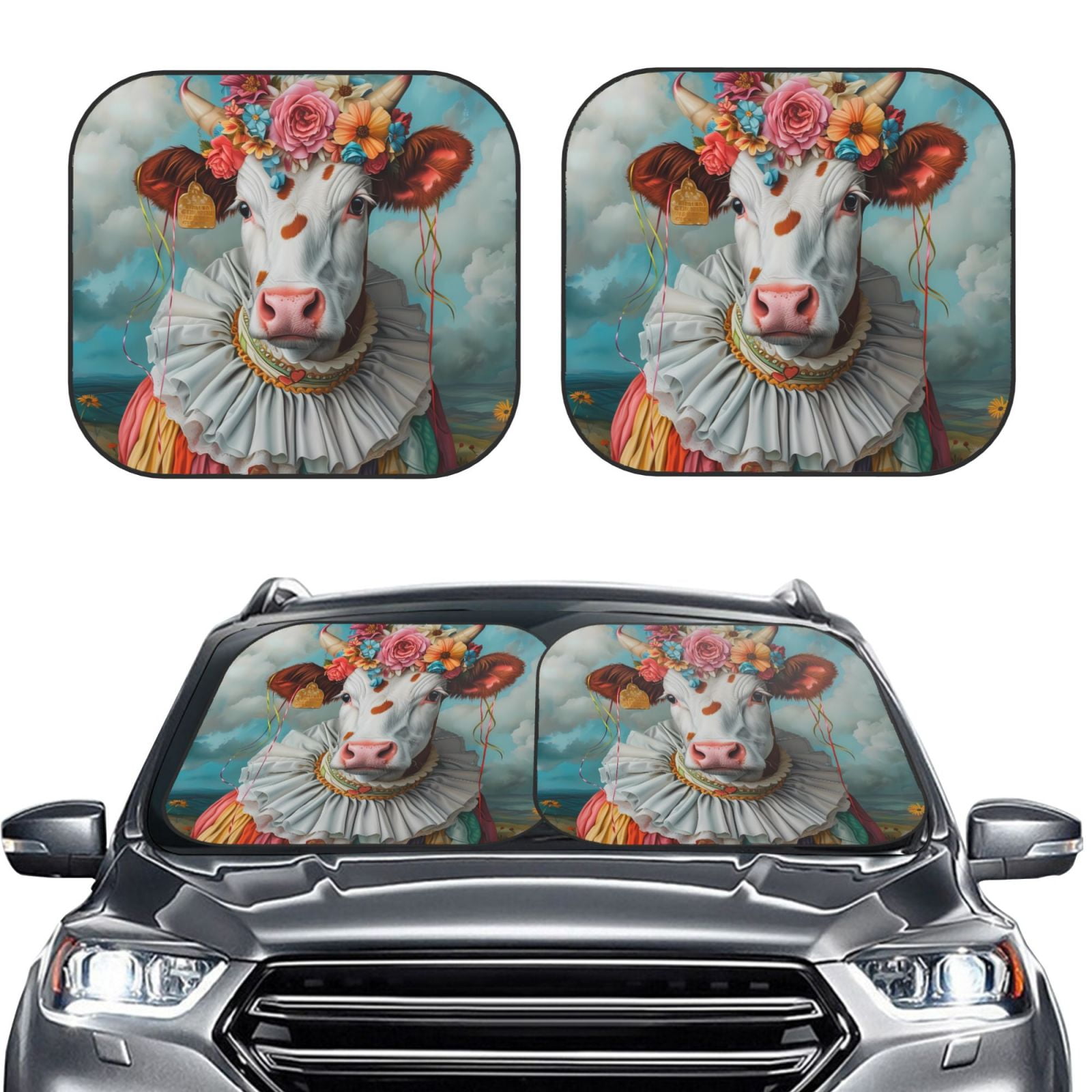 Kdxio Vintage Colorful Floral Cow Print 2-Piece Sun Shade Front ...