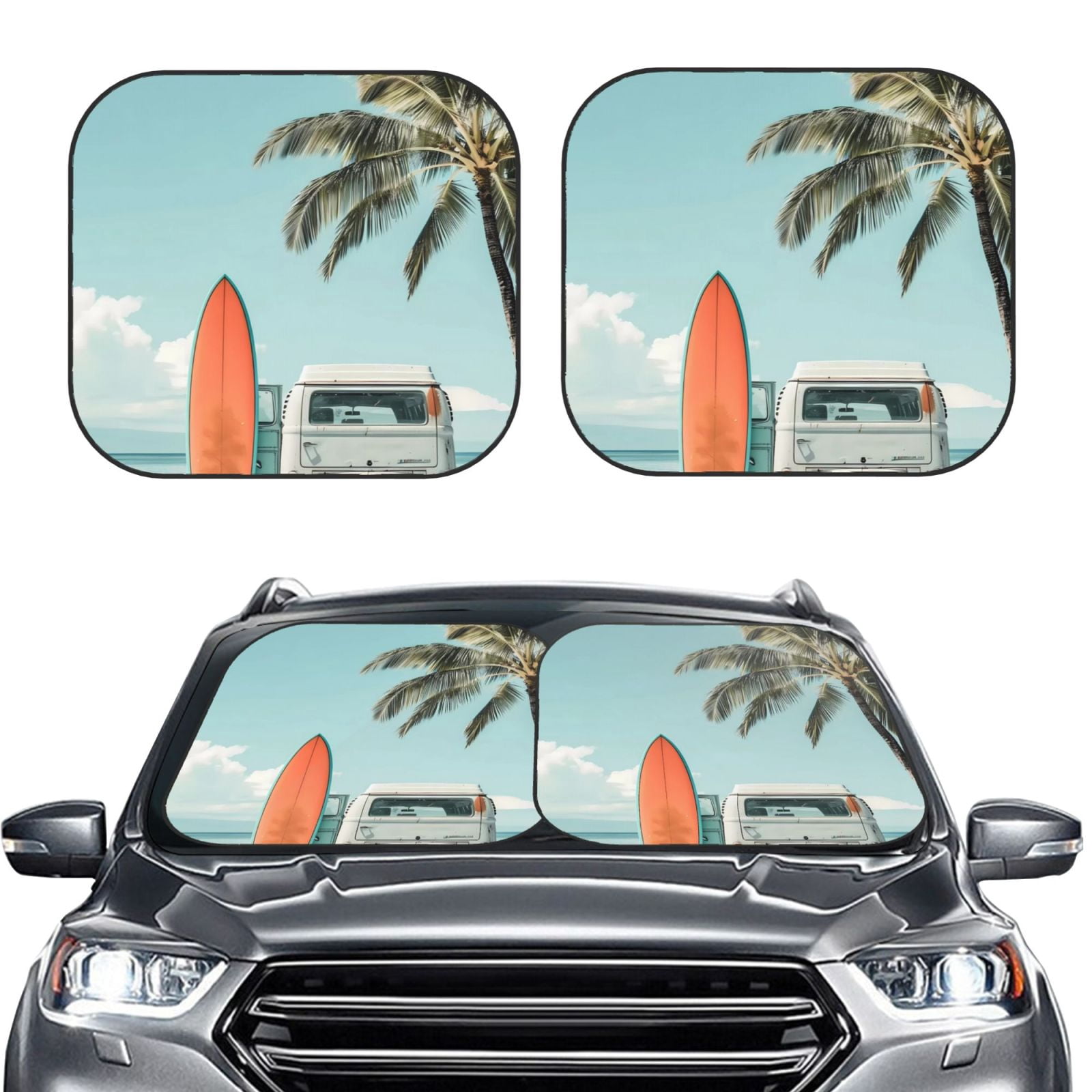 Kdxio Vintage Surf Van Beach Print 2-Piece Sun Shade Front Windshield ...